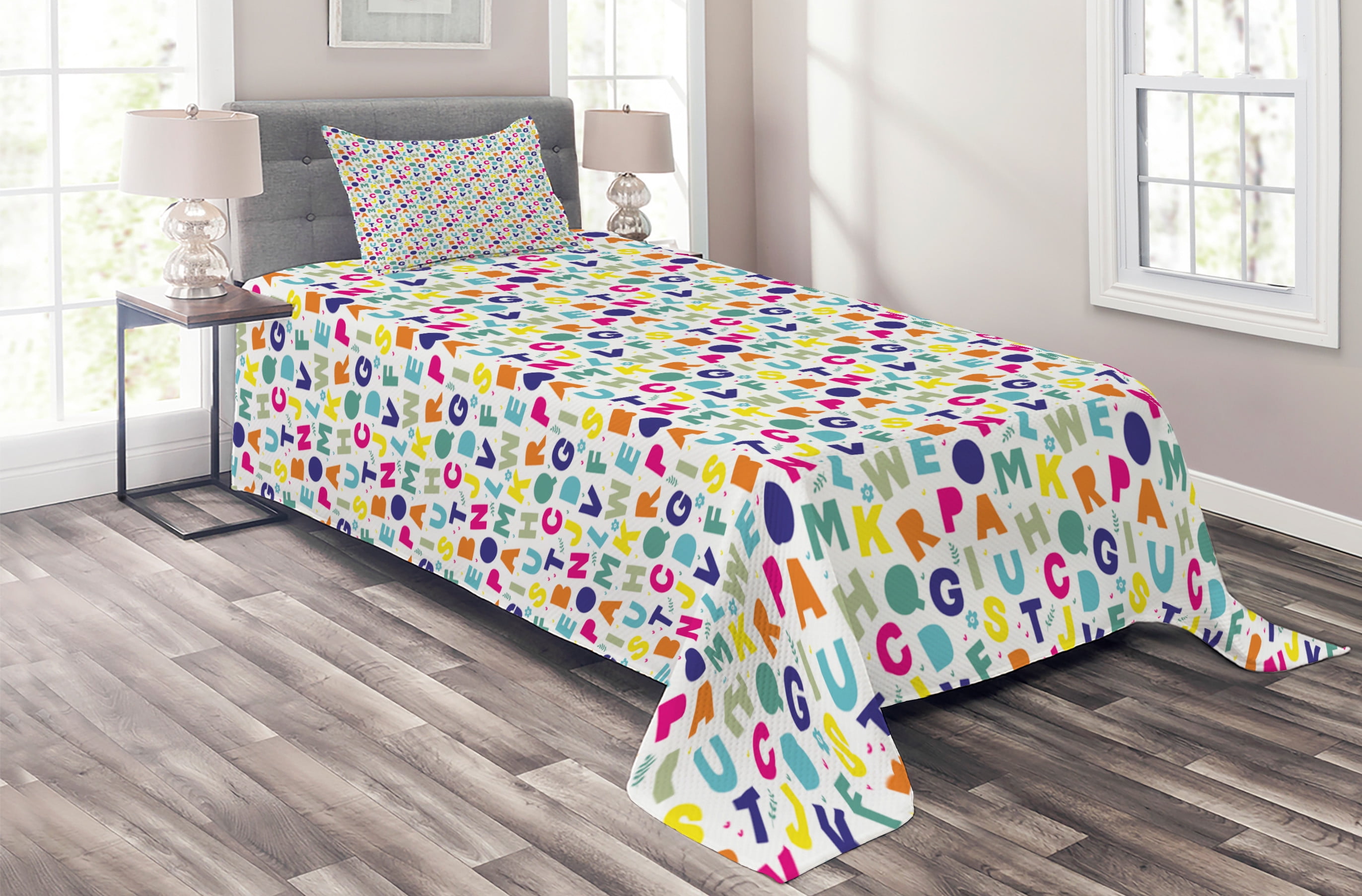 Ambesonne Alphabet Quilted Coverlet 2 Pcs, Simple Colorful Letters ...
