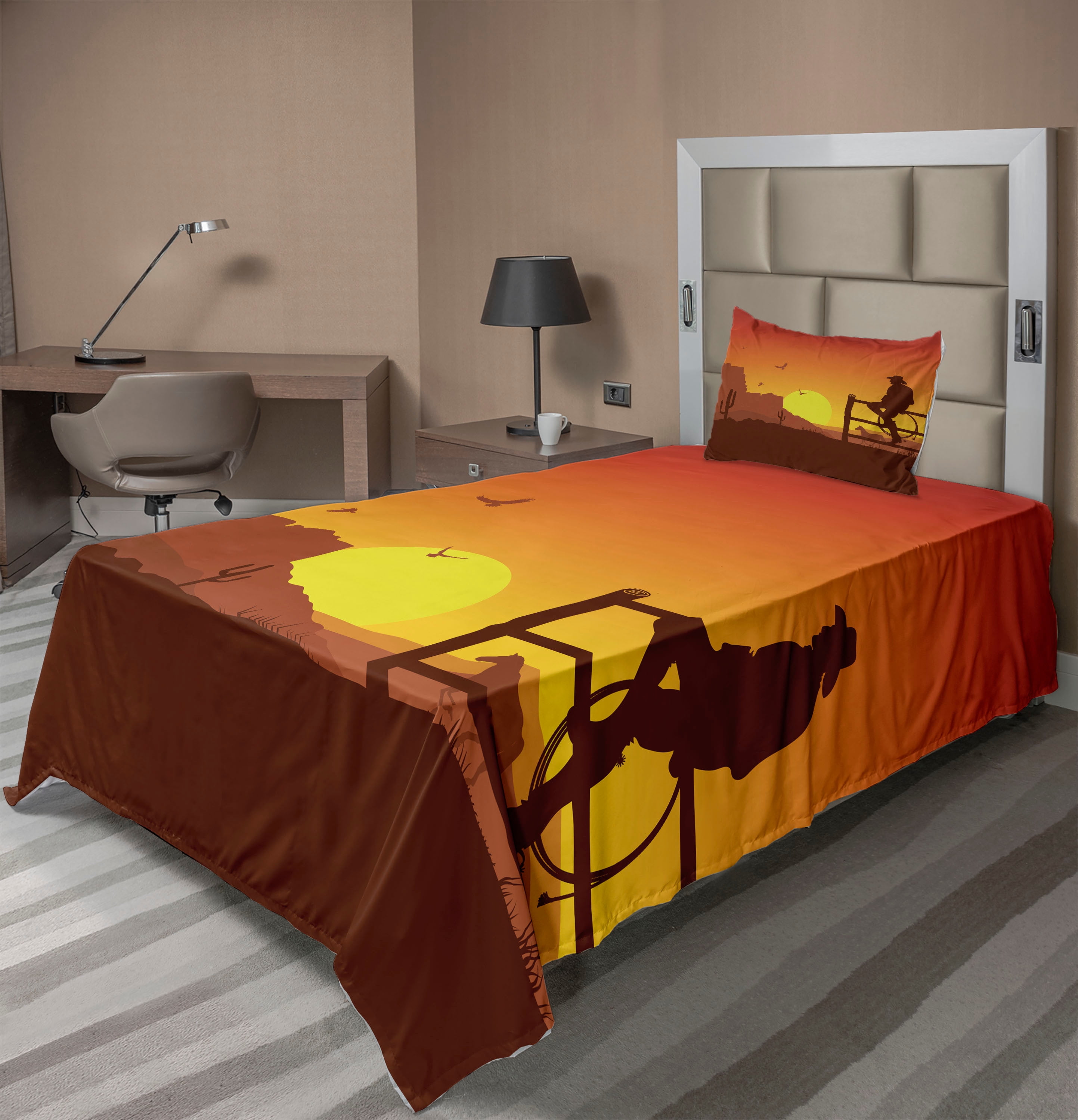 Ambesonne American Fitted & Top Sheet Set with Sham, Wild West Sunset ...