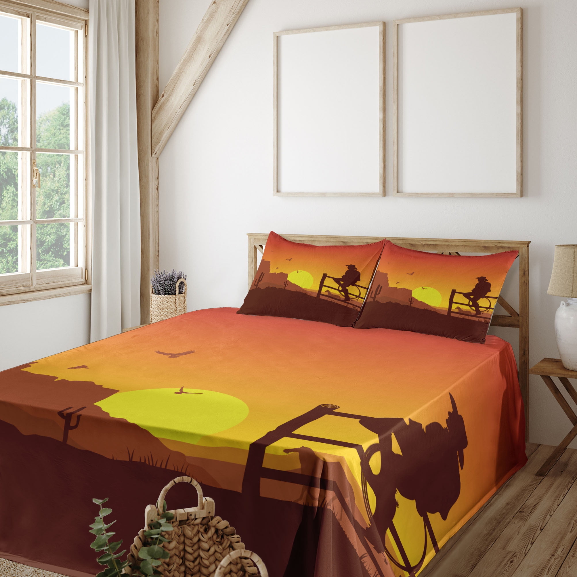 Ambesonne American Fitted & Top Sheet Set with Shams, Wild West Sunset ...