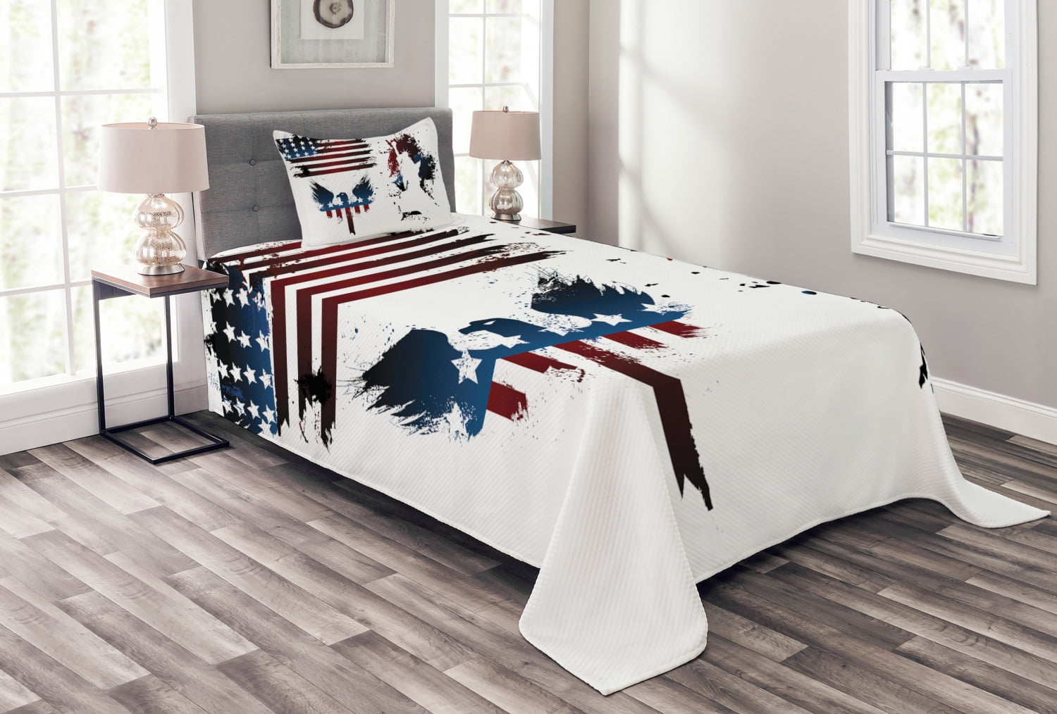 Ambesonne American Flag Quilted Bedspread Set 2 Pcs, Eagle and Stripe ...