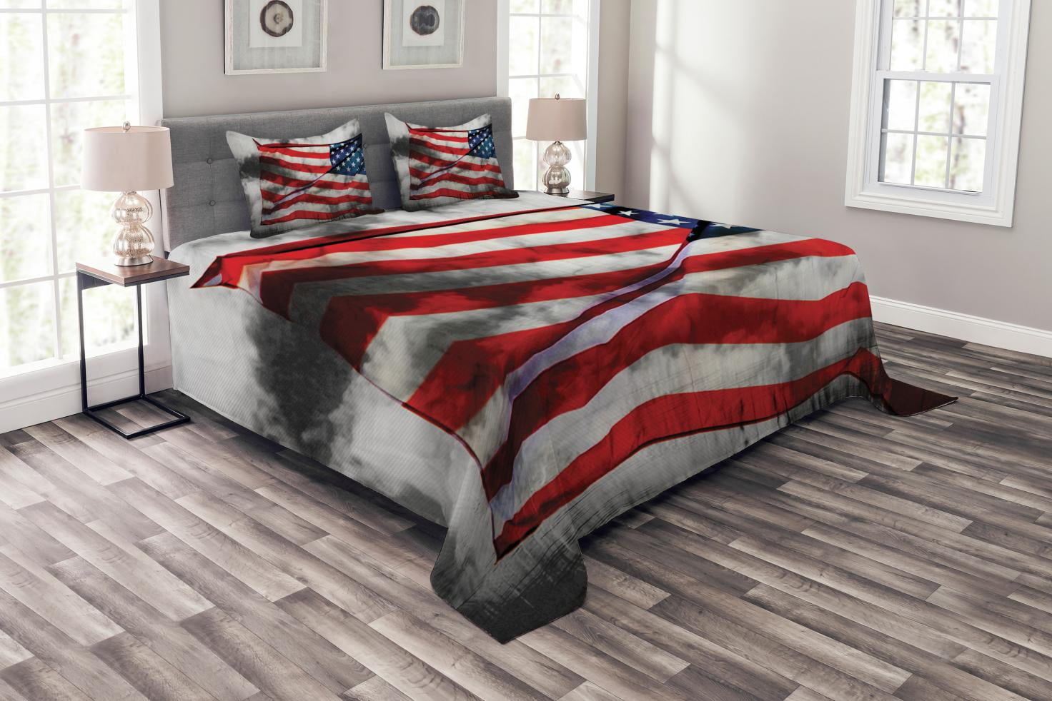 Ambesonne American Flag Quilted Bedspread Set 3 Pcs, Banner in Sky ...