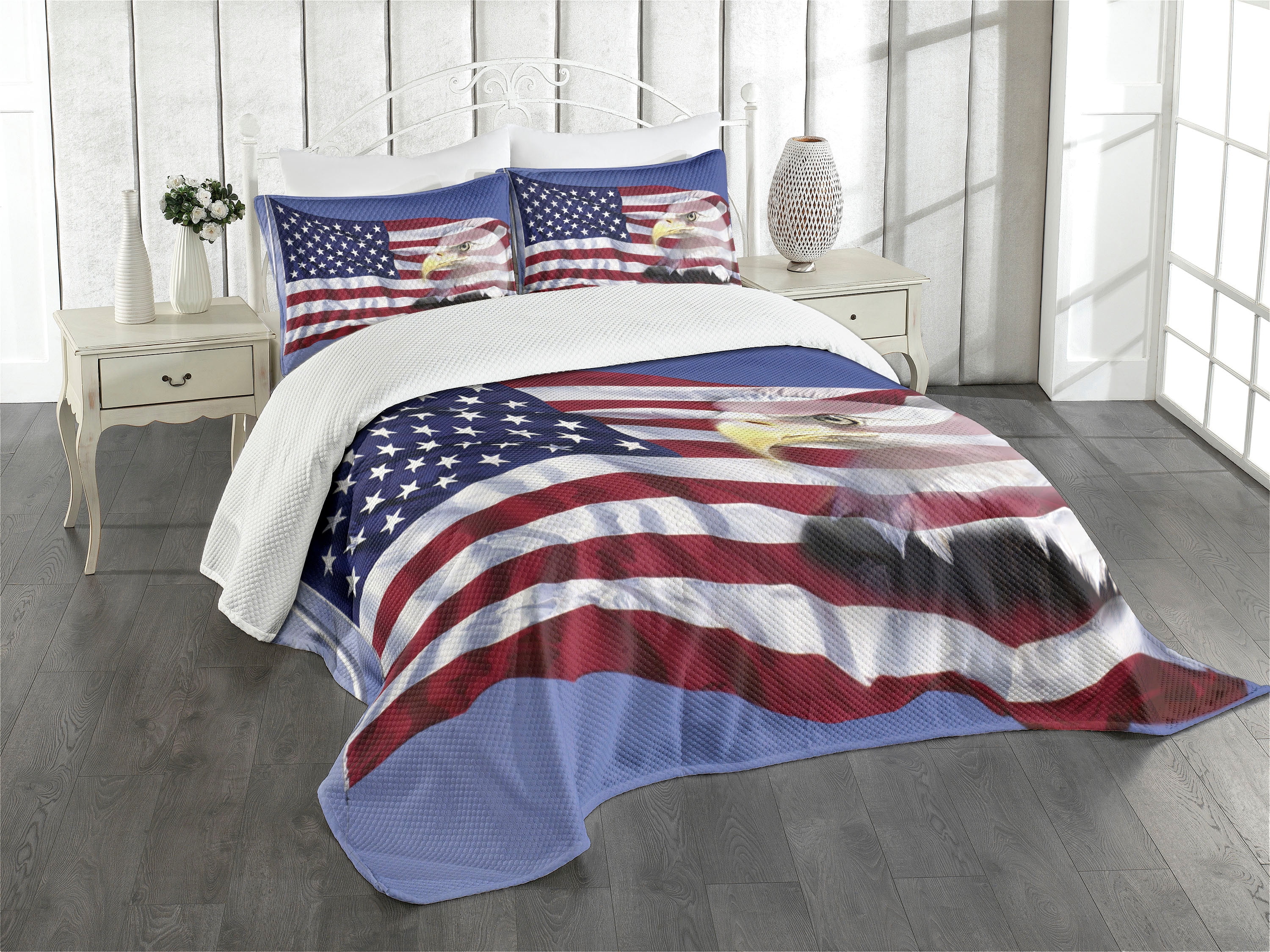 Ambesonne American Flag Quilted Bedspread Set 3 Pcs, Bless America Flag ...