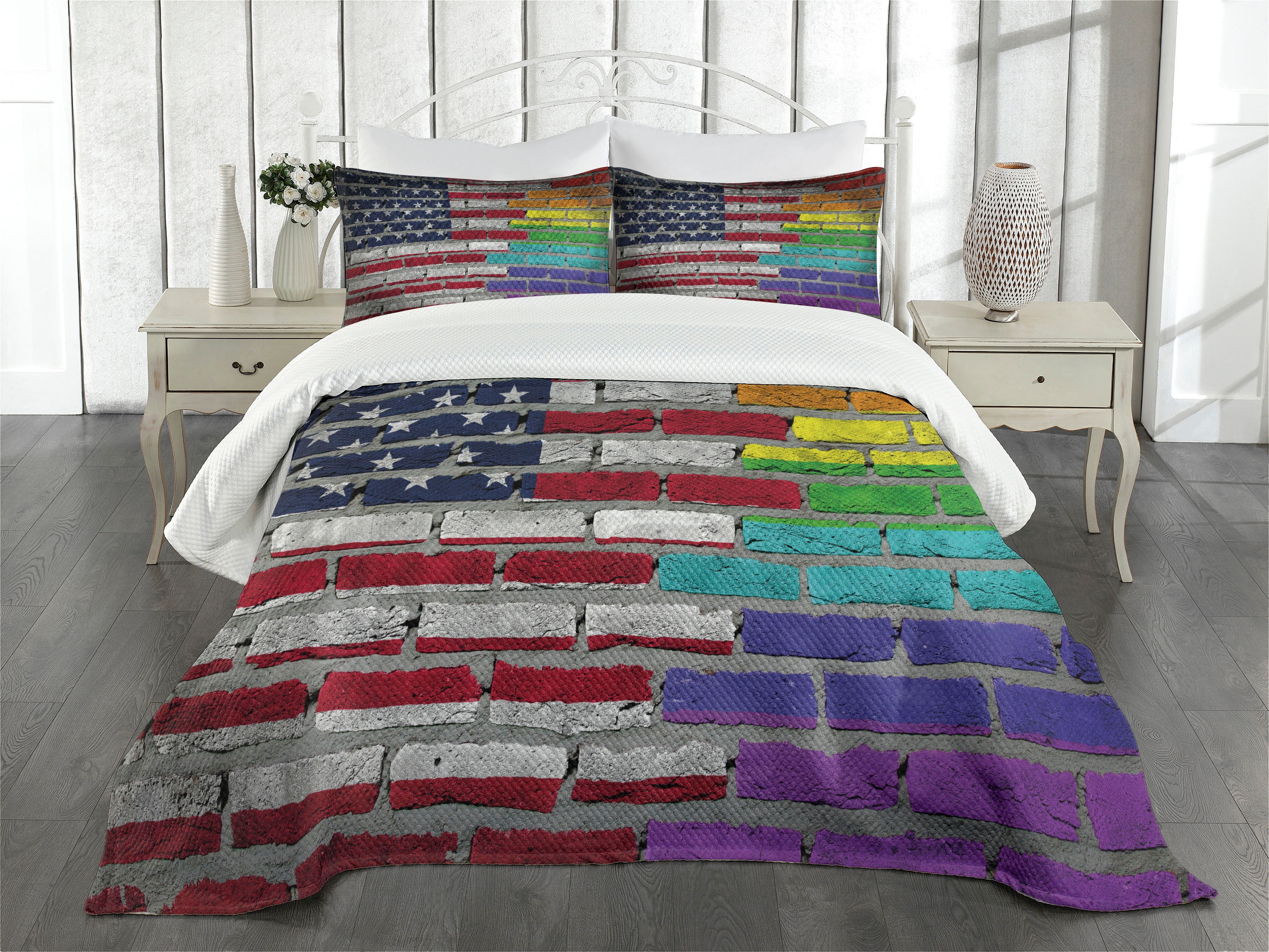 Ambesonne American Flag Quilted Bedspread Set 3 Pcs, Brick Wall Pride ...