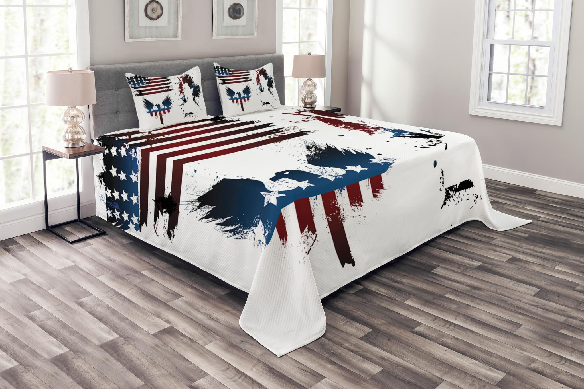 Ambesonne American Flag Quilted Bedspread Set 3 Pcs, Eagle and Stripe ...