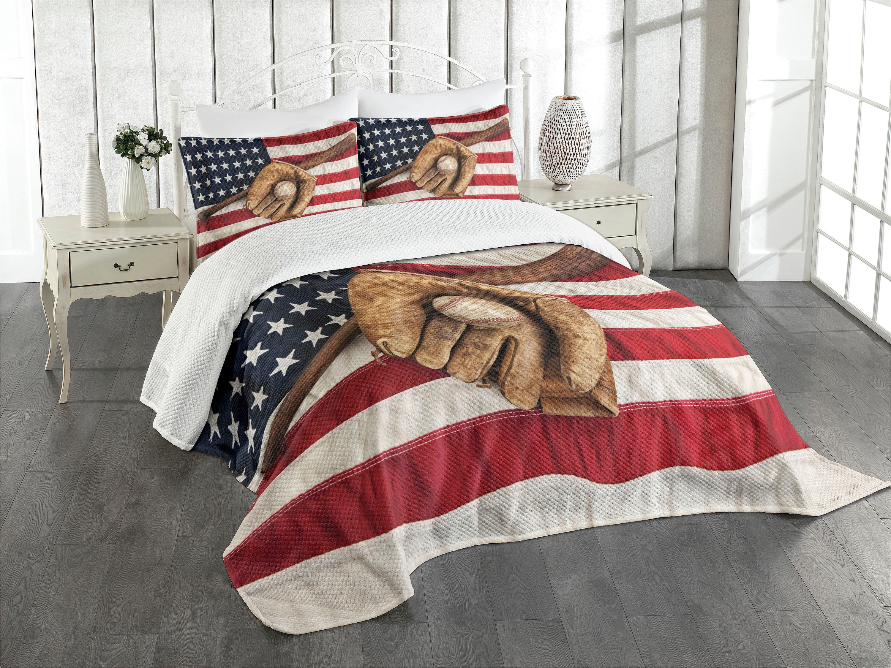 Ambesonne American Flag Quilted Bedspread Set 3 Pcs, Grunge Baseball ...