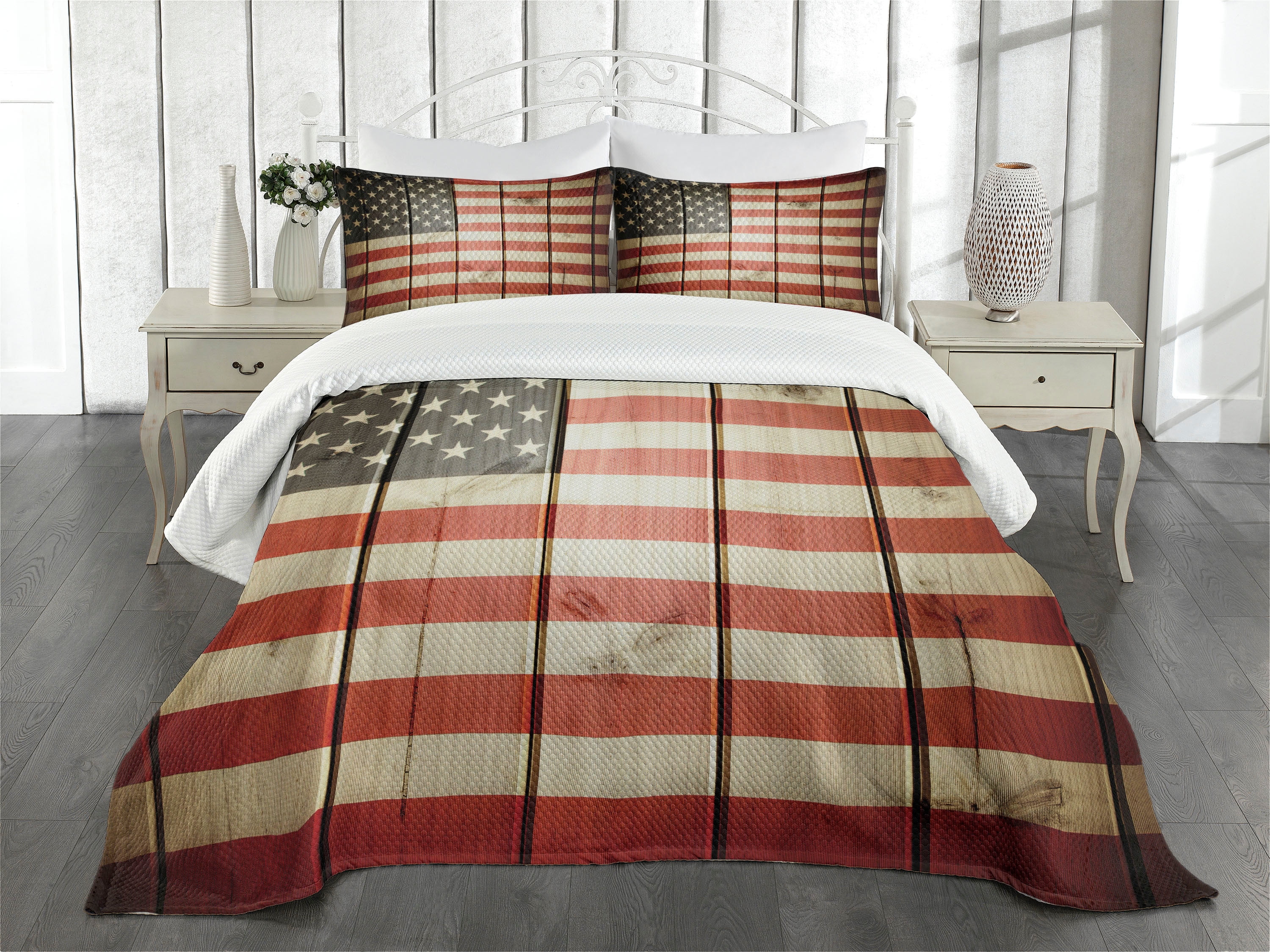 Ambesonne American Flag Quilted Bedspread Set 3 Pcs, Wood Design Flag ...