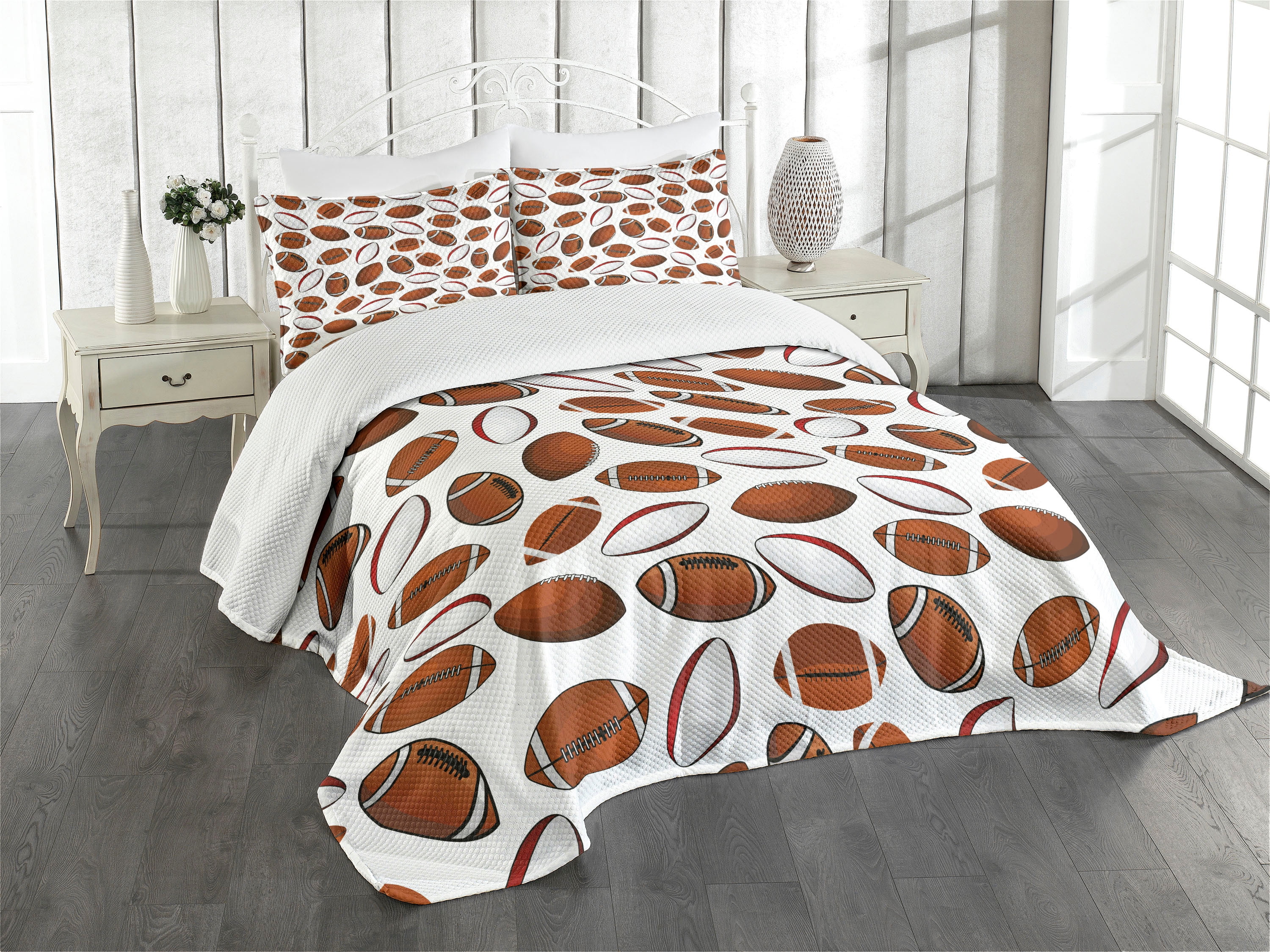 Ambesonne American Football Quilted Bedspread Set 3 Pcs, Rugby Balls ...