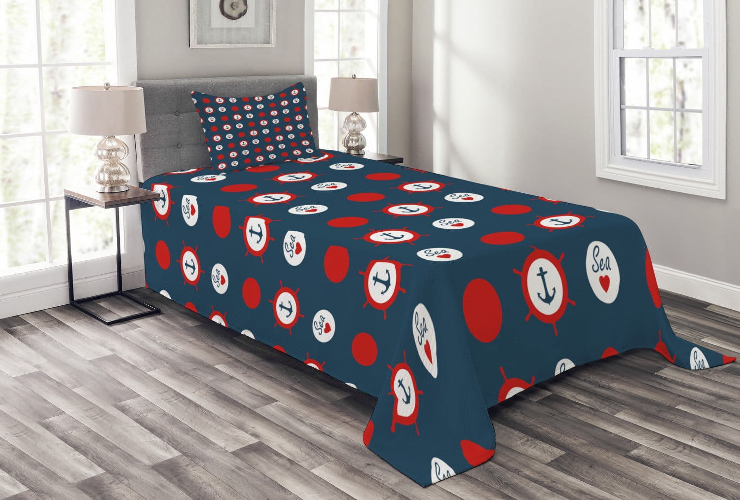 Ambesonne Anchor Quilted Bedspread Set 2 Pcs, Marine Ship Helm Design ...