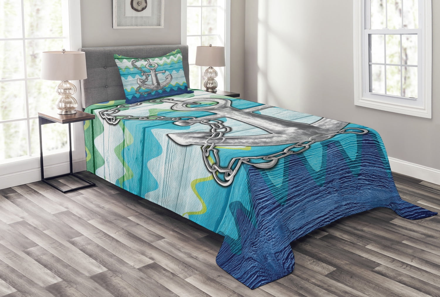 Ambesonne Anchor Quilted Bedspread Set 2 Pcs, Nautical Chevron Zigzags ...