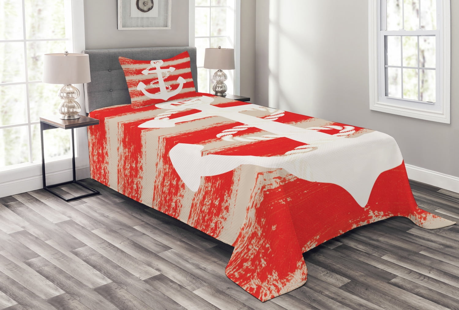 Ambesonne Anchor Quilted Bedspread Set 2 Pcs, Stripes Nautical, Twin ...