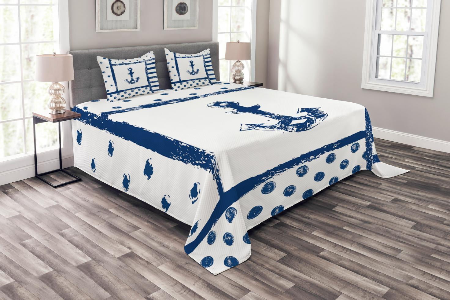Ambesonne Anchor Quilted Bedspread Set 3 Pcs, Grunge Boat Navy Theme ...