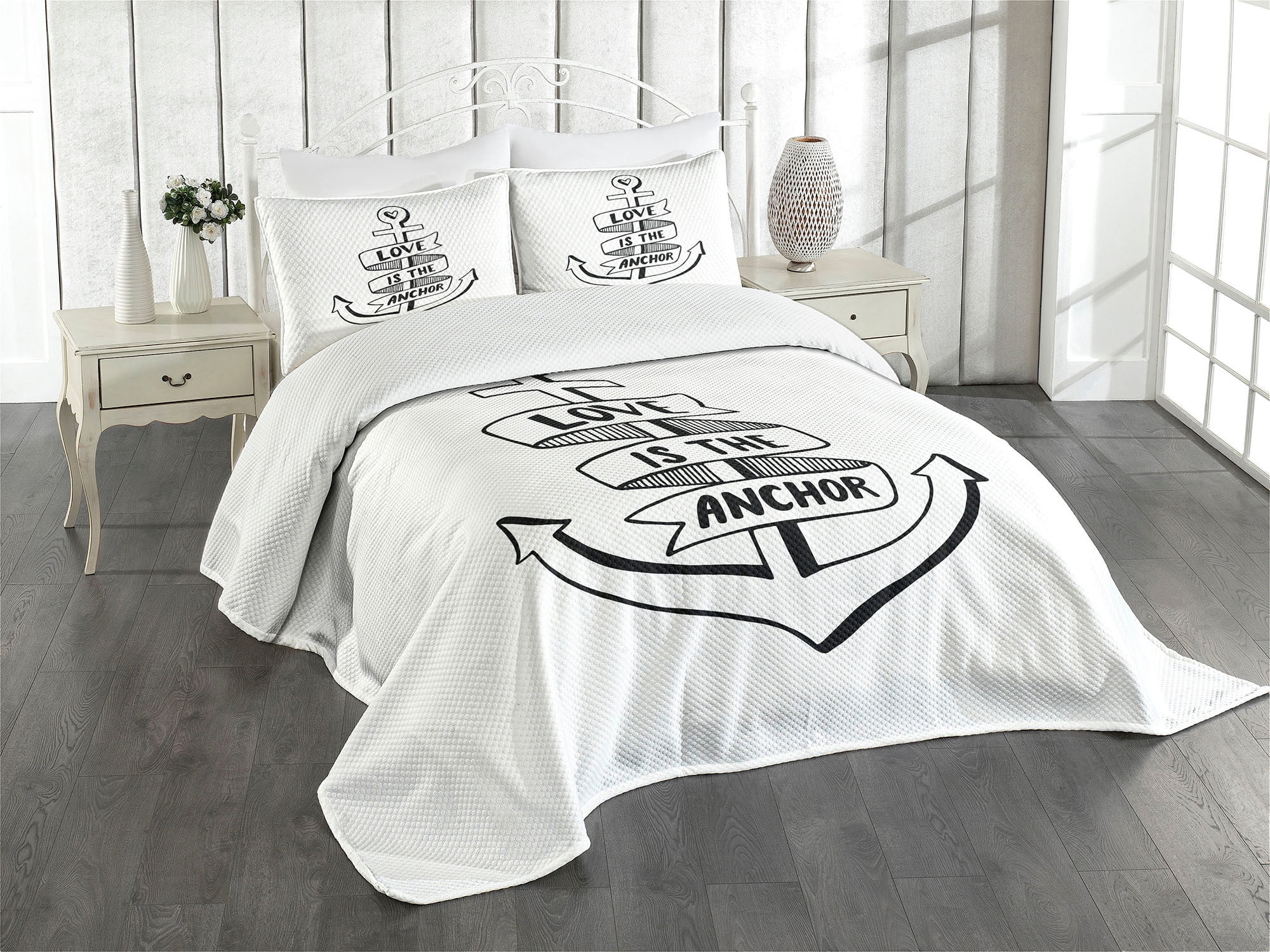 Ambesonne Anchor Quilted Bedspread Set 3 Pcs, Hand Drawn Words Heart ...
