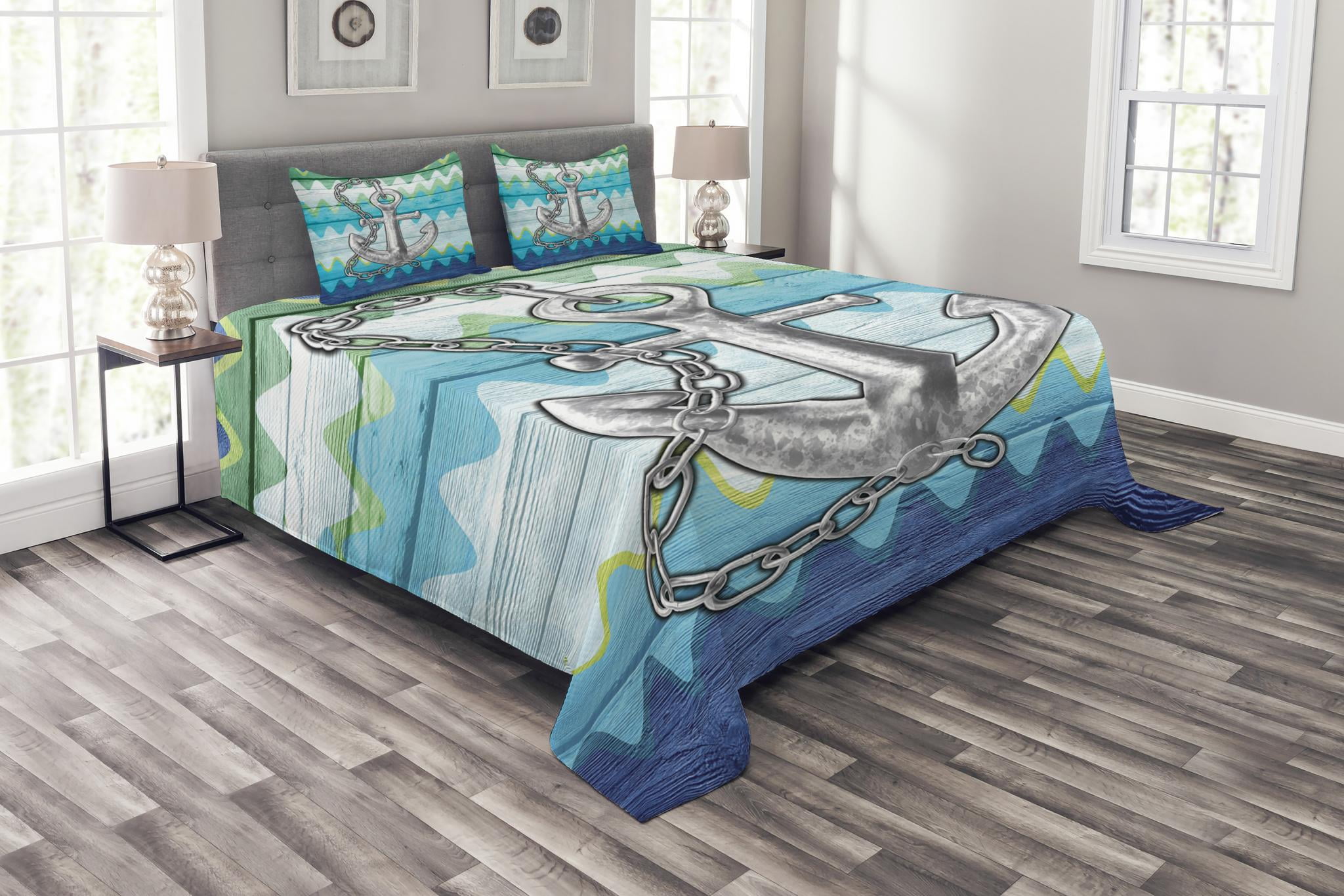 Ambesonne Anchor Quilted Bedspread Set 3 Pcs, Nautical Chevron Zigzags ...