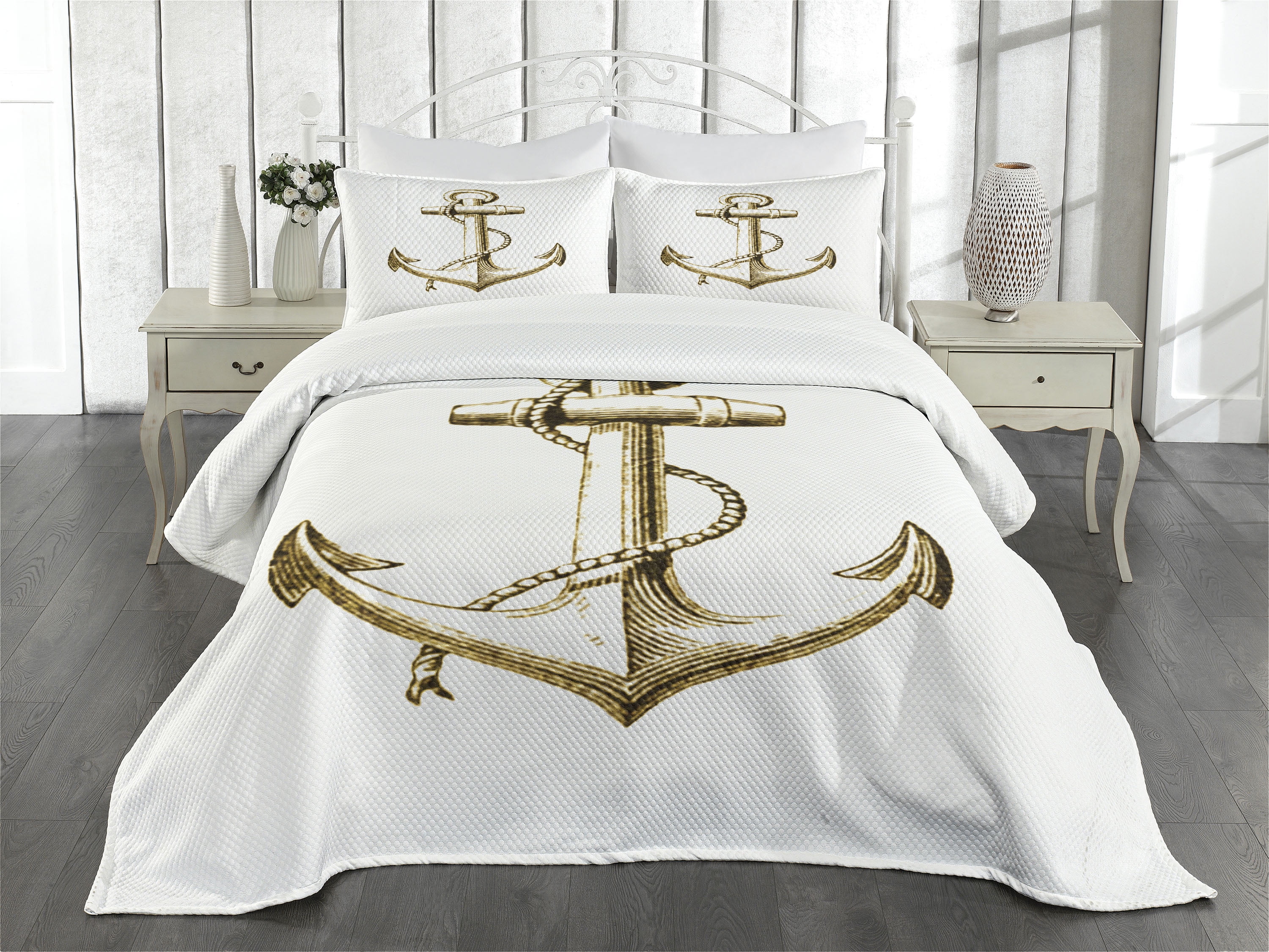 Ambesonne Anchor Quilted Bedspread Set 3 Pcs, Nautical Voyage, Queen ...