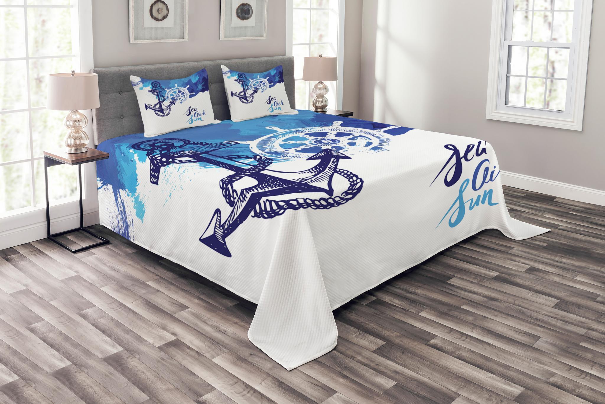 Ambesonne Anchor Quilted Bedspread Set 3 Pcs, Nautical Wheel Ocean ...