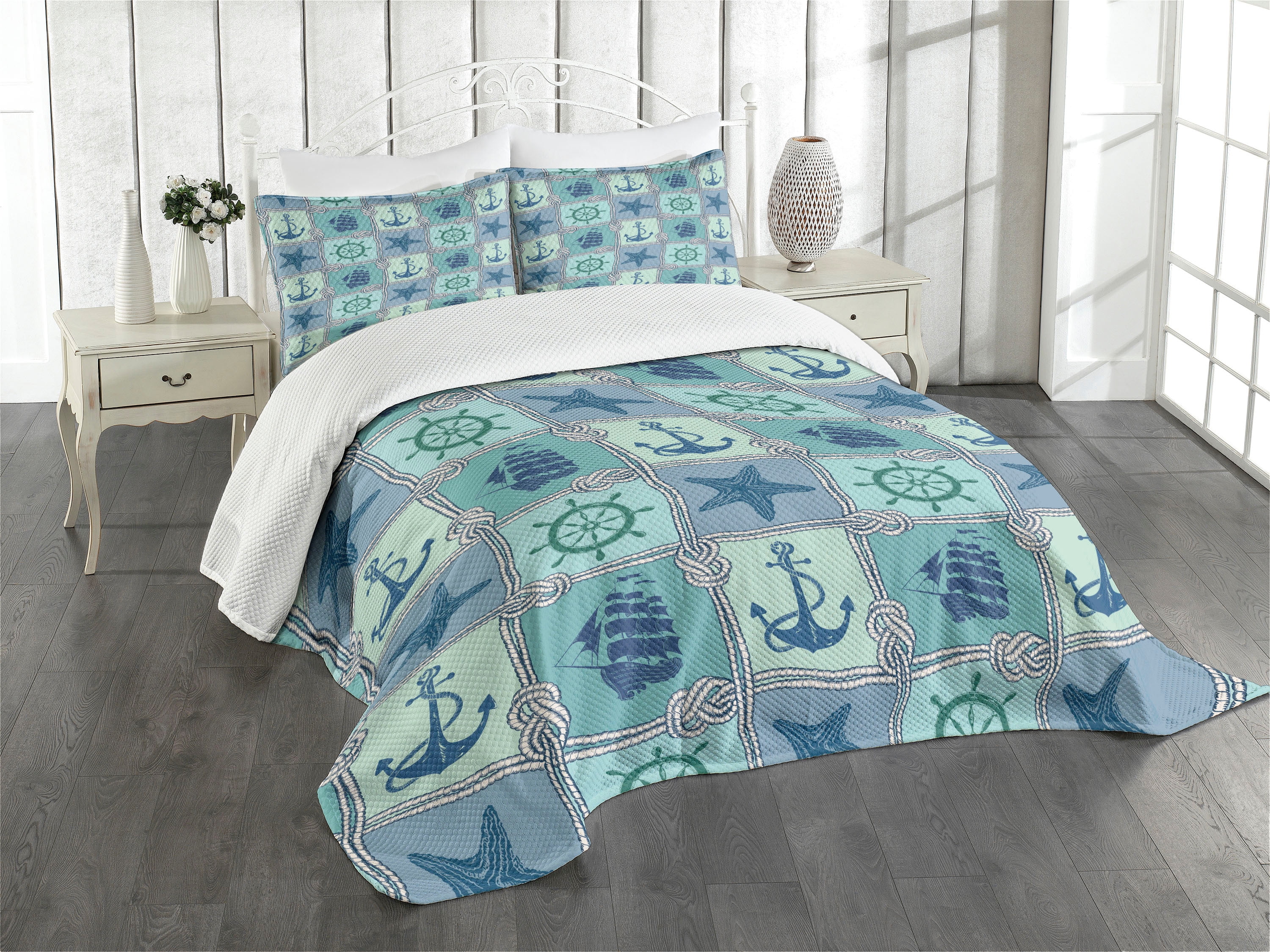 Ambesonne Anchor Quilted Bedspread Set 3 Pcs, Ships Wheel Turquoise ...