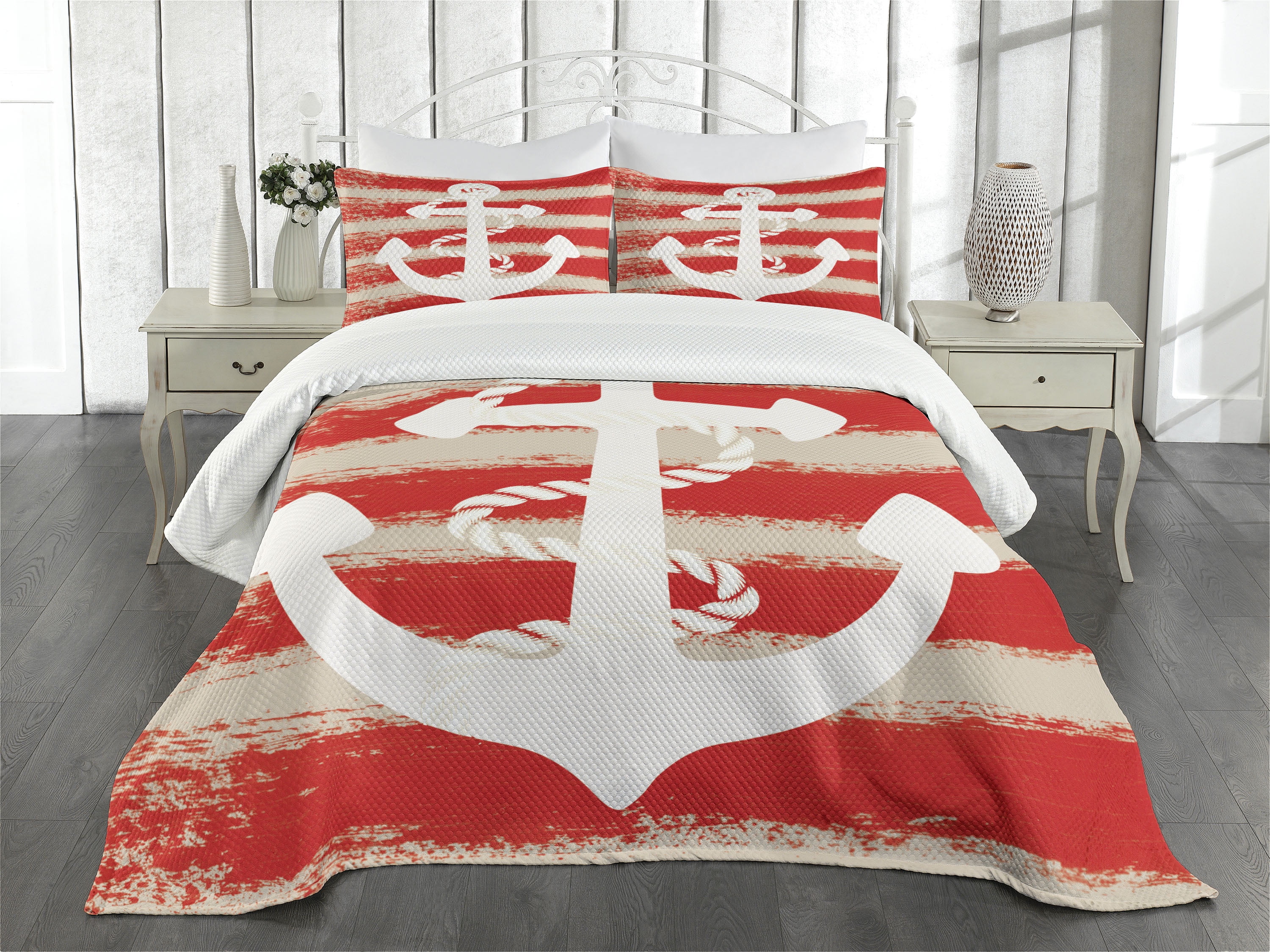 Ambesonne Anchor Quilted Bedspread Set 3 Pcs, Stripes Nautical, Queen ...