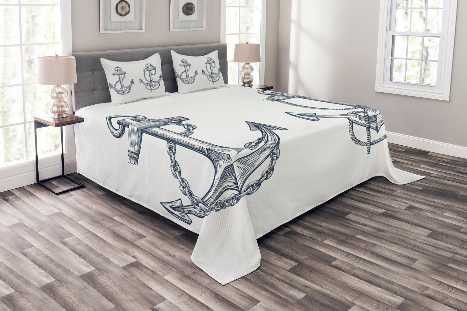 Ambesonne Anchor Quilted Bedspread Set 3 Pcs, Vintage Sketch of Anchor ...