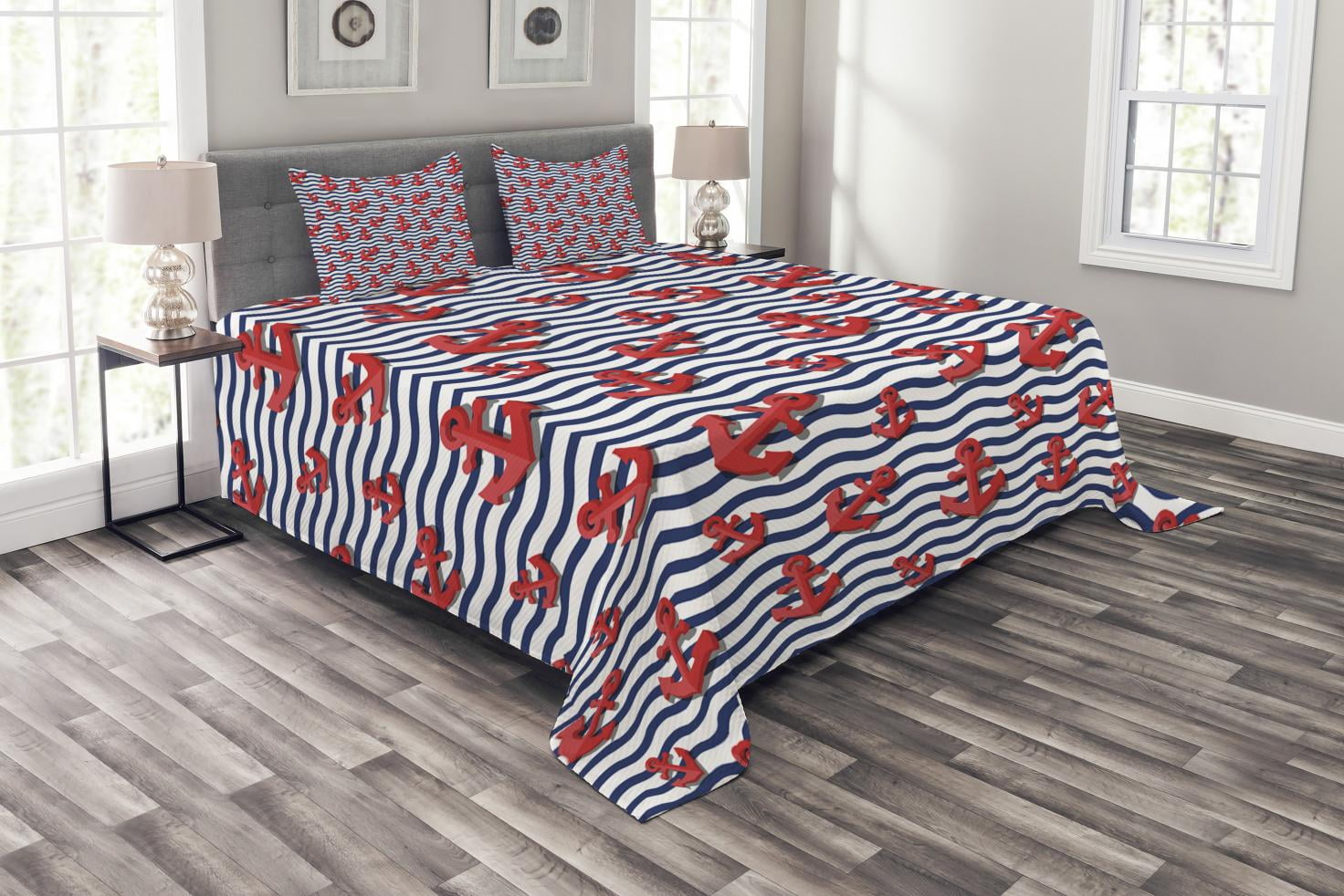 Ambesonne Anchor Quilted Bedspread Set 3 Pcs, Wavy Stripes 3D Style ...