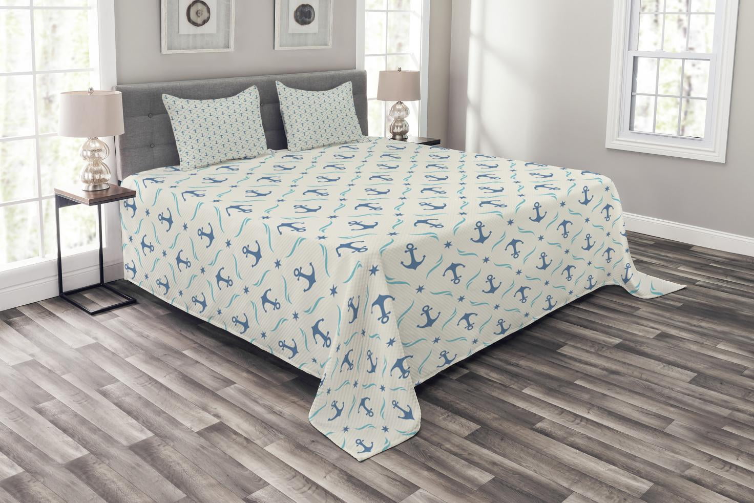 Ambesonne Anchor Quilted Bedspread Set 3 Pcs, Yachting Waves Stars ...