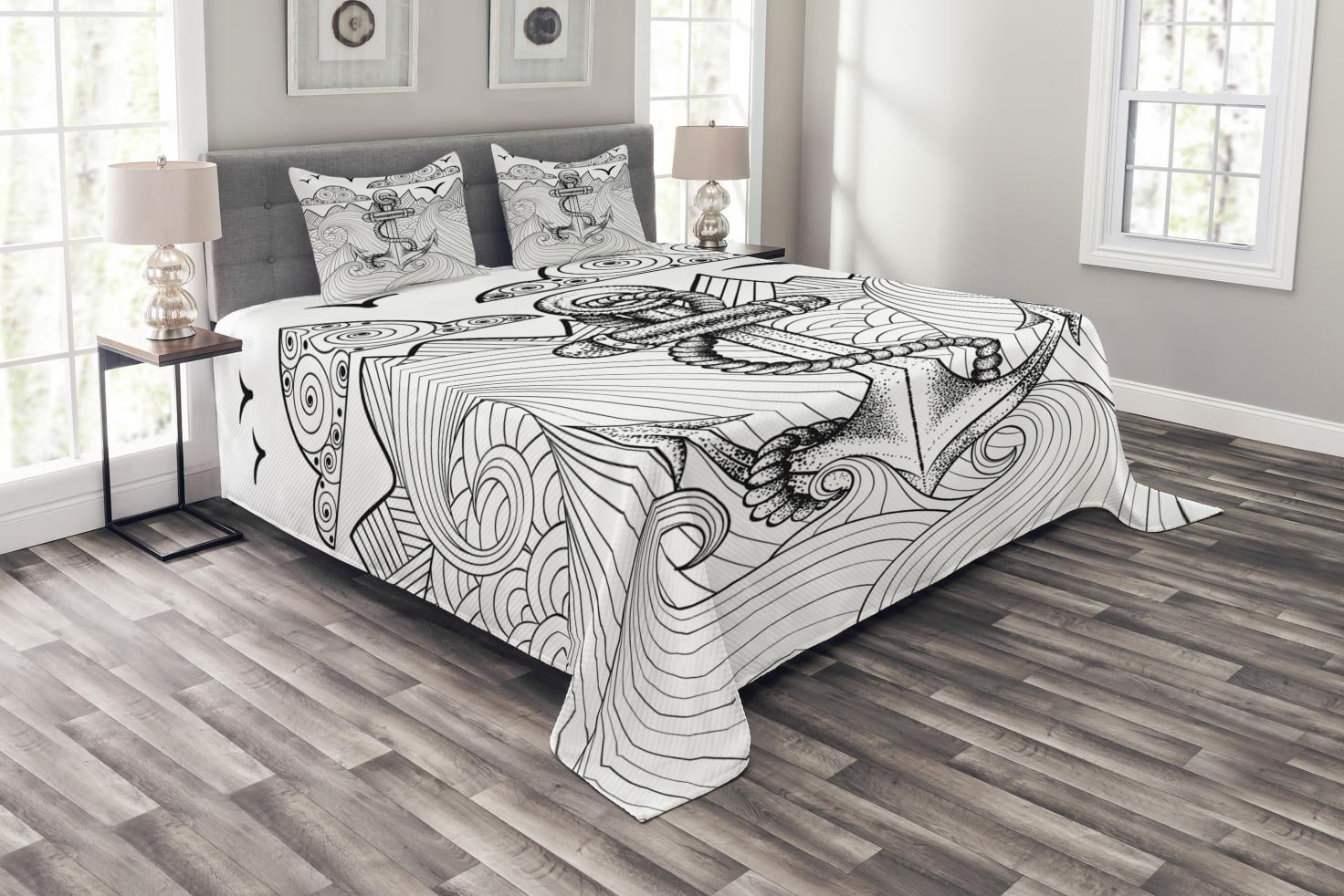 Ambesonne Anchor Quilted Bedspread Set 3 Pcs, Zentangle Ocean Clouds ...
