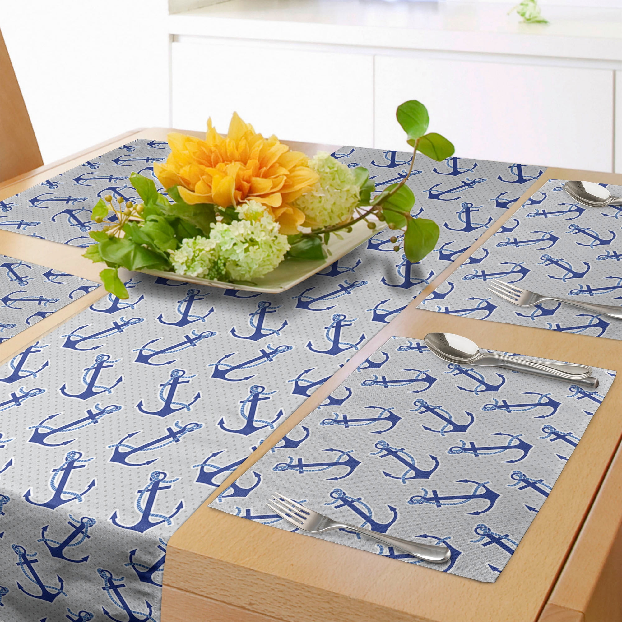 Ambesonne Anchor Table Runner & Placemats, Marine Motif and Ship Shapes ...