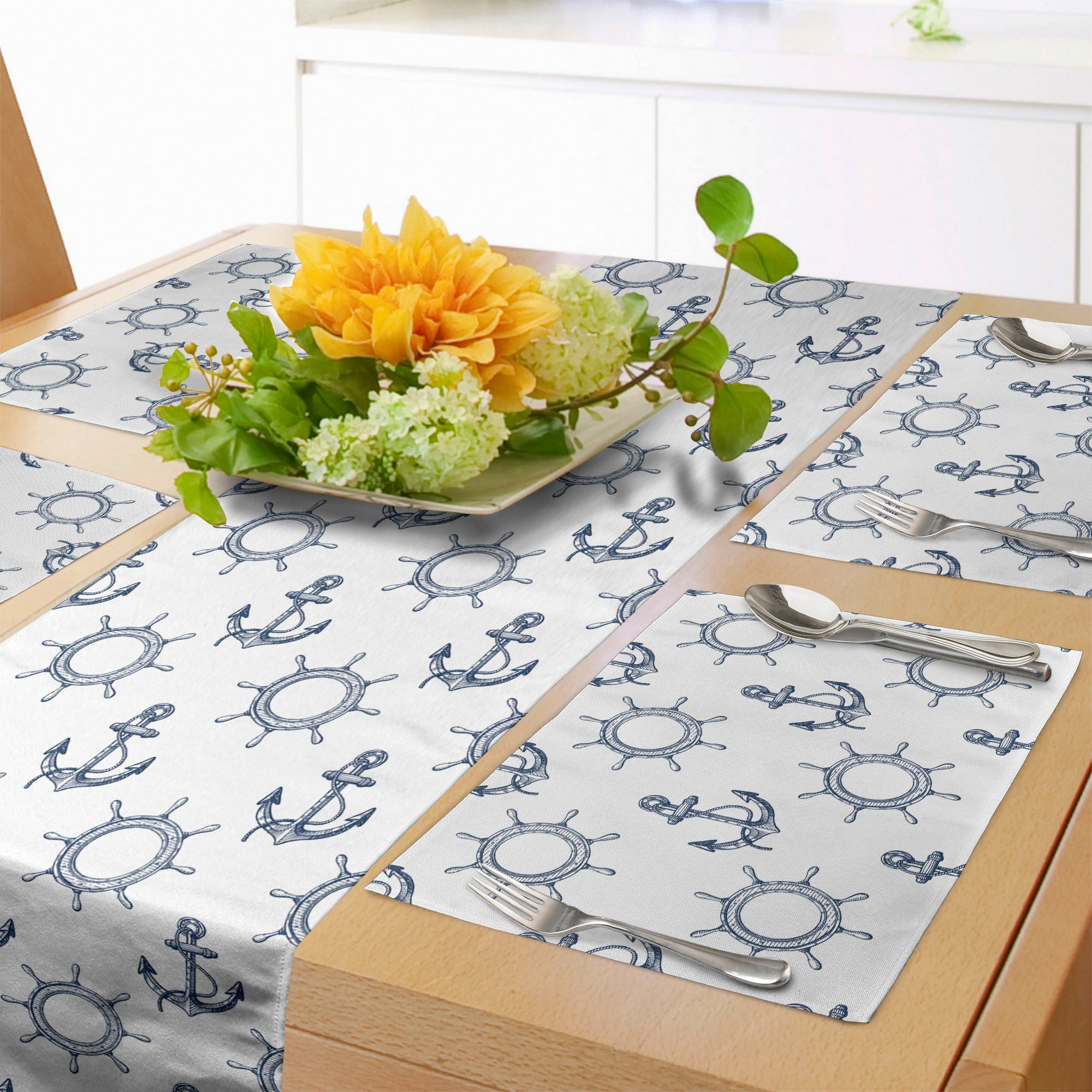 Ambesonne Anchor Table Runner & Placemats, Retro Maritime Design ...