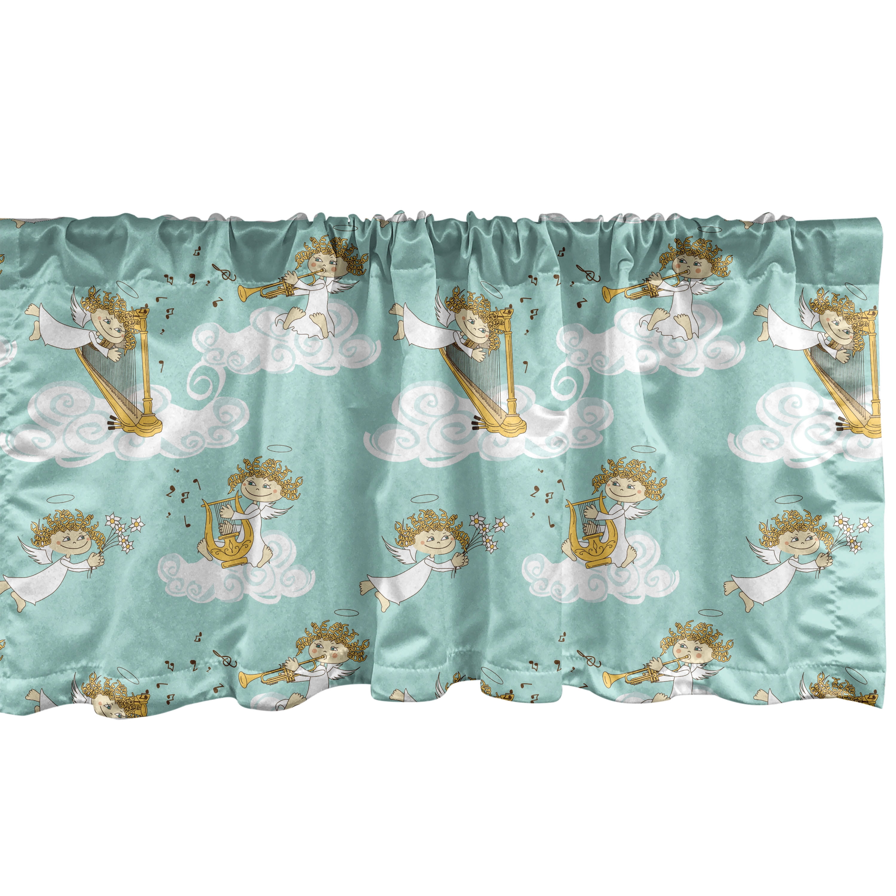 Ambesonne Angel Window Valance, Angels Playing Harp in Sky Clouds Myth ...