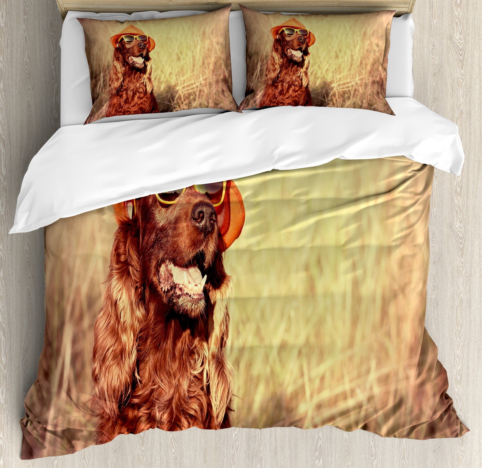 Ambesonne Animal Duvet Cover Set, Dog Wearing Hat Glasses, Queen ...