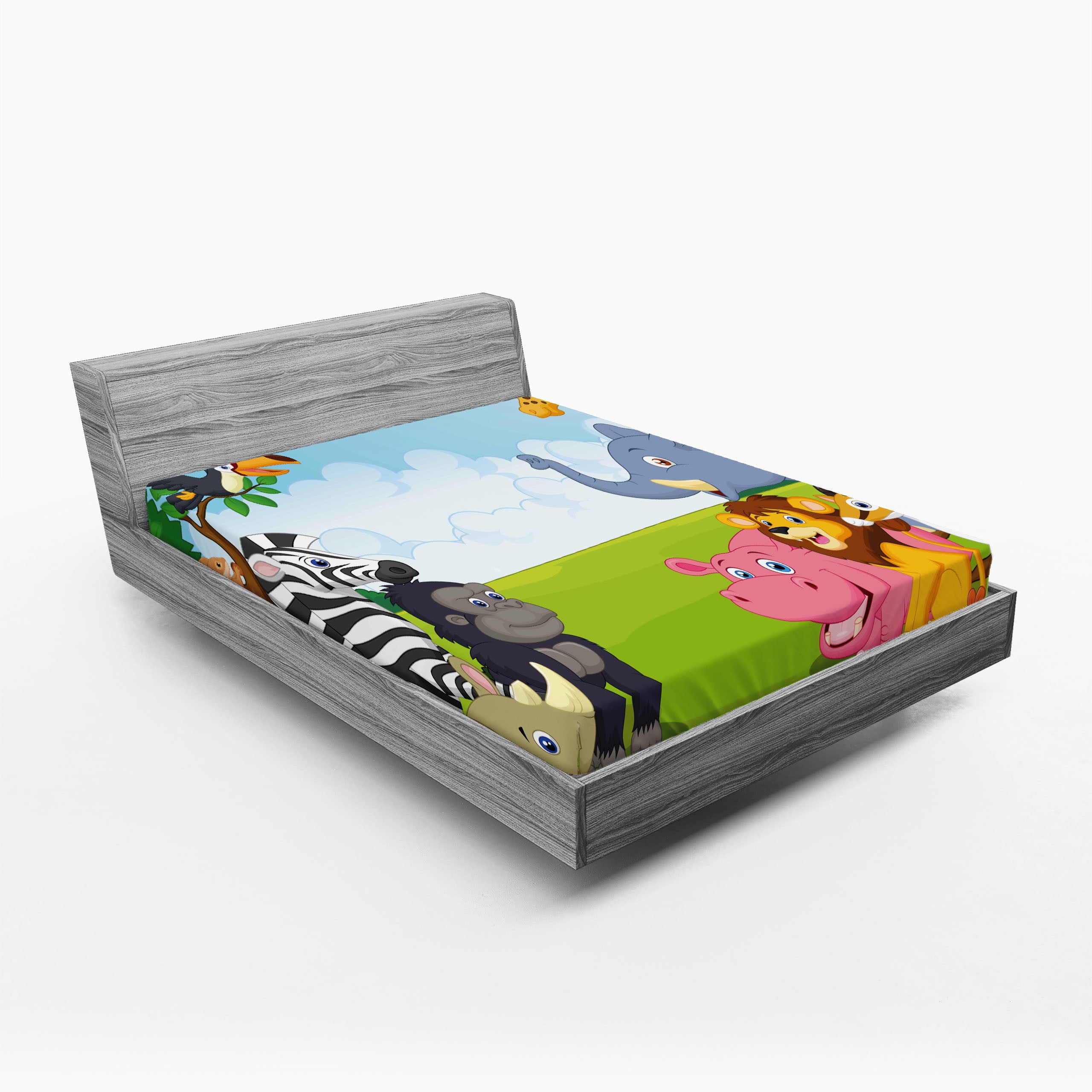Ambesonne Animal Fitted Sheet 2 Pcs Set, Savannah Animals Cartoon ...