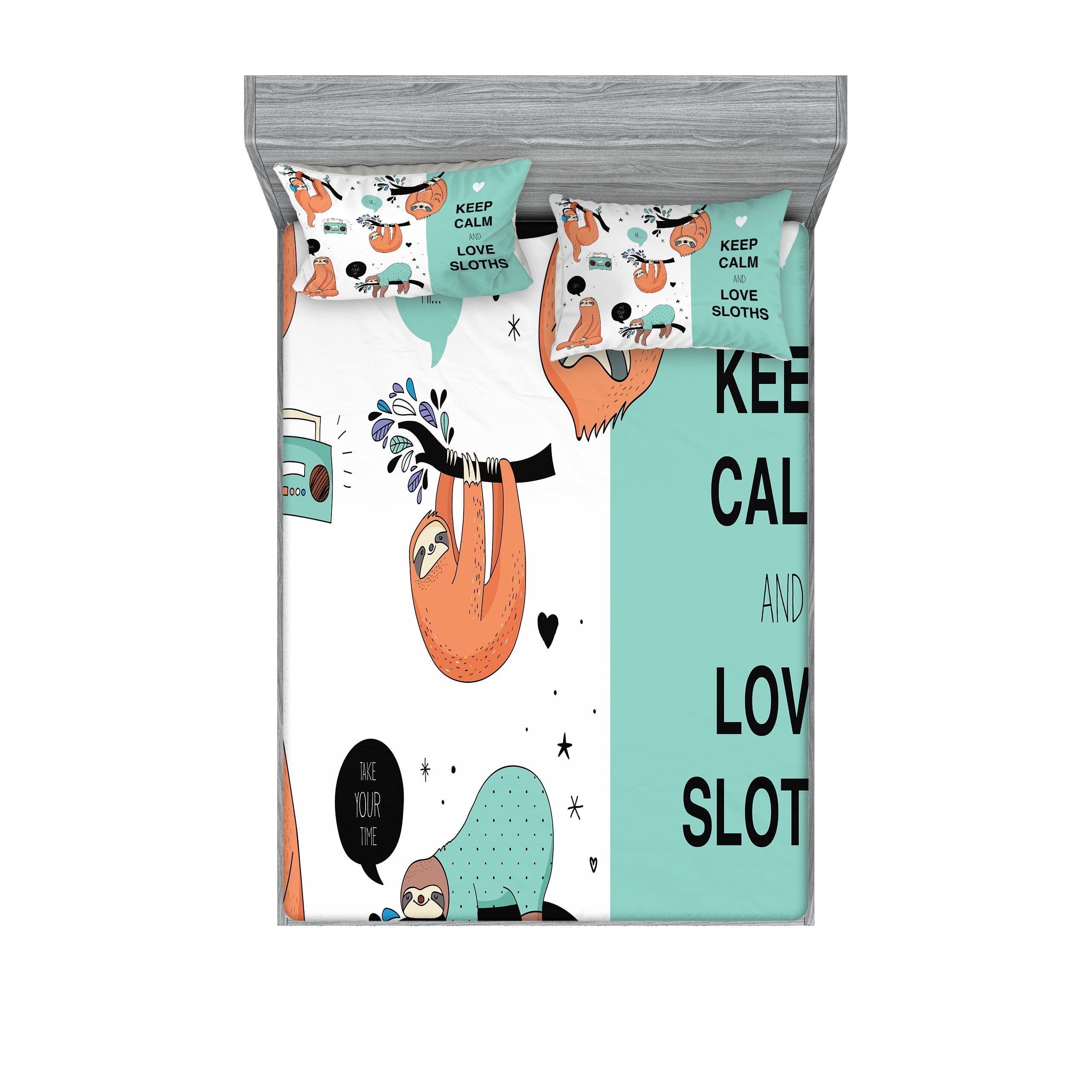 Ambesonne Animal Fitted Sheet & Pillow Sham Set, American Sloth Tribe ...