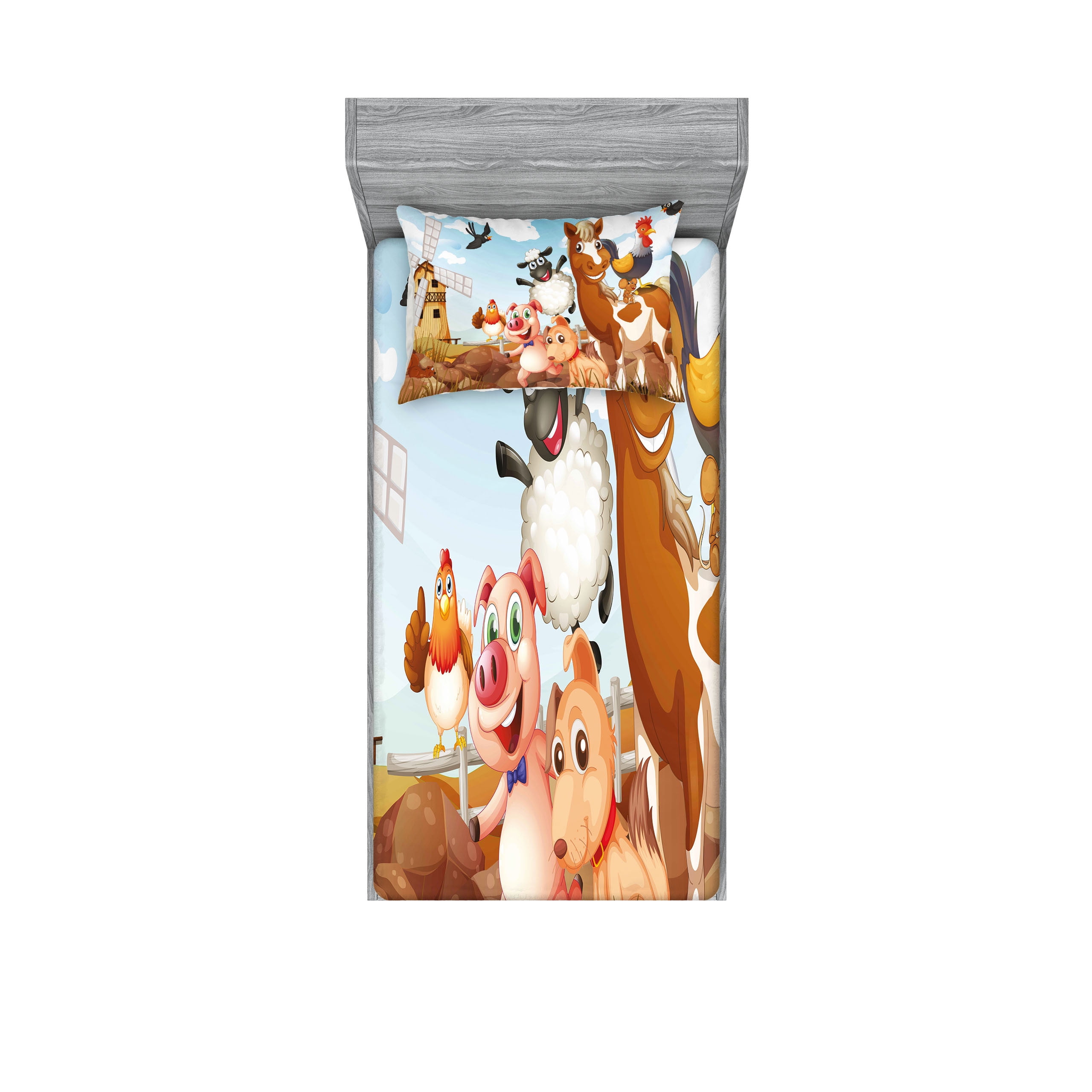 Ambesonne Animal Fitted Sheet & Pillow Sham Set, Animals in Farm Art ...