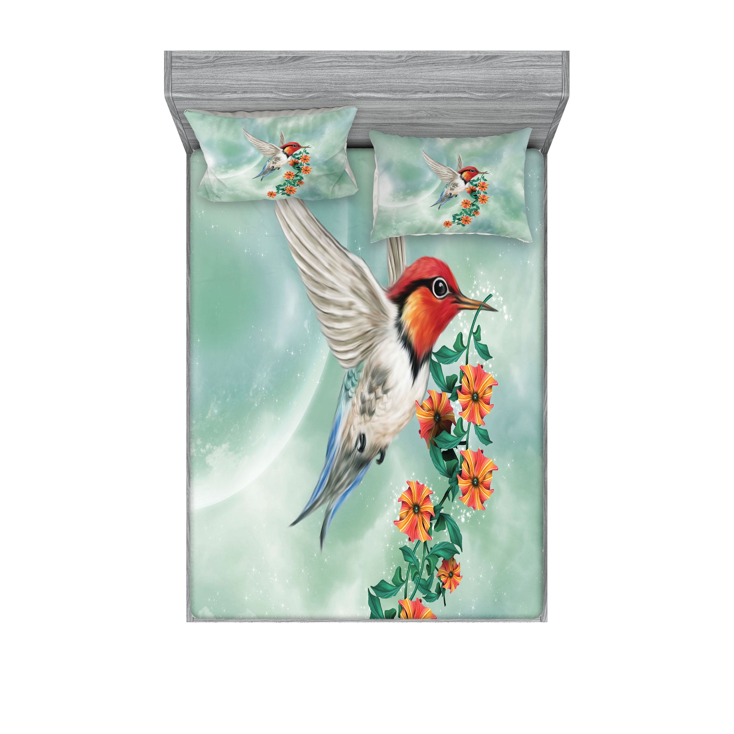 Ambesonne Animal Fitted Sheet & Pillow Sham Set, Bird with Flower ...