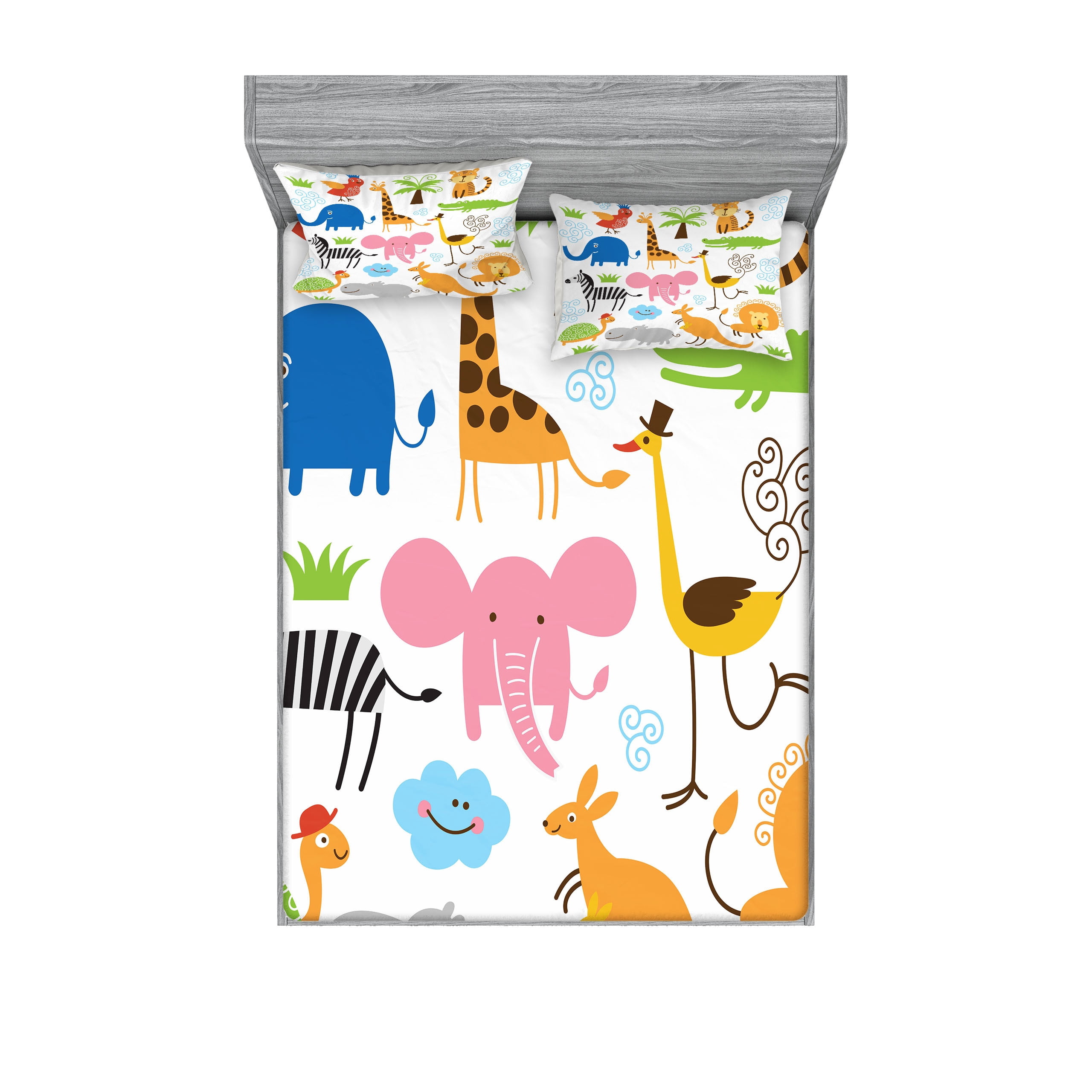 Ambesonne Animal Fitted Sheet & Pillow Sham Set, Cartoon Giraffe Zebra ...