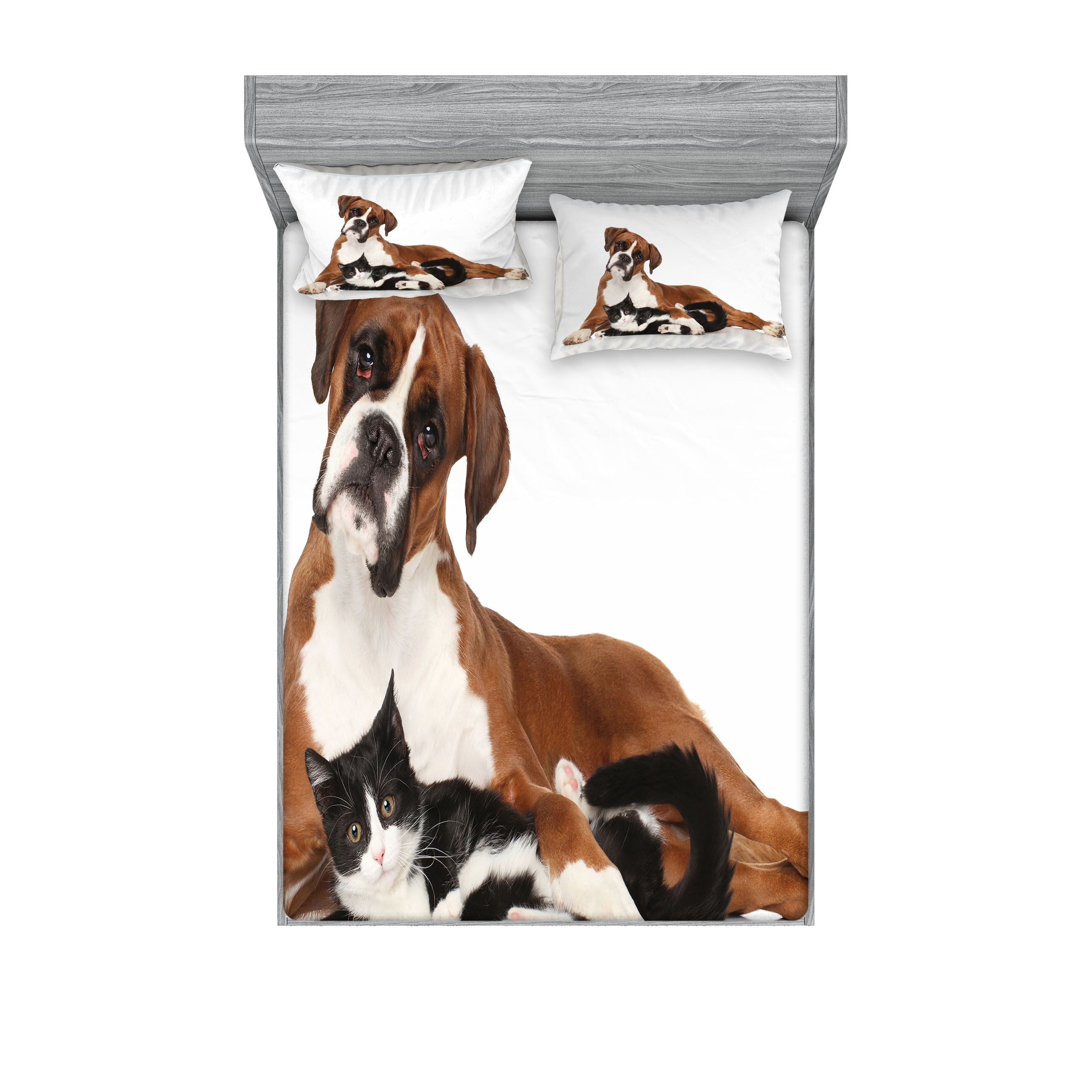 Ambesonne Animal Fitted Sheet & Pillow Sham Set, Cat Dog Friends ...