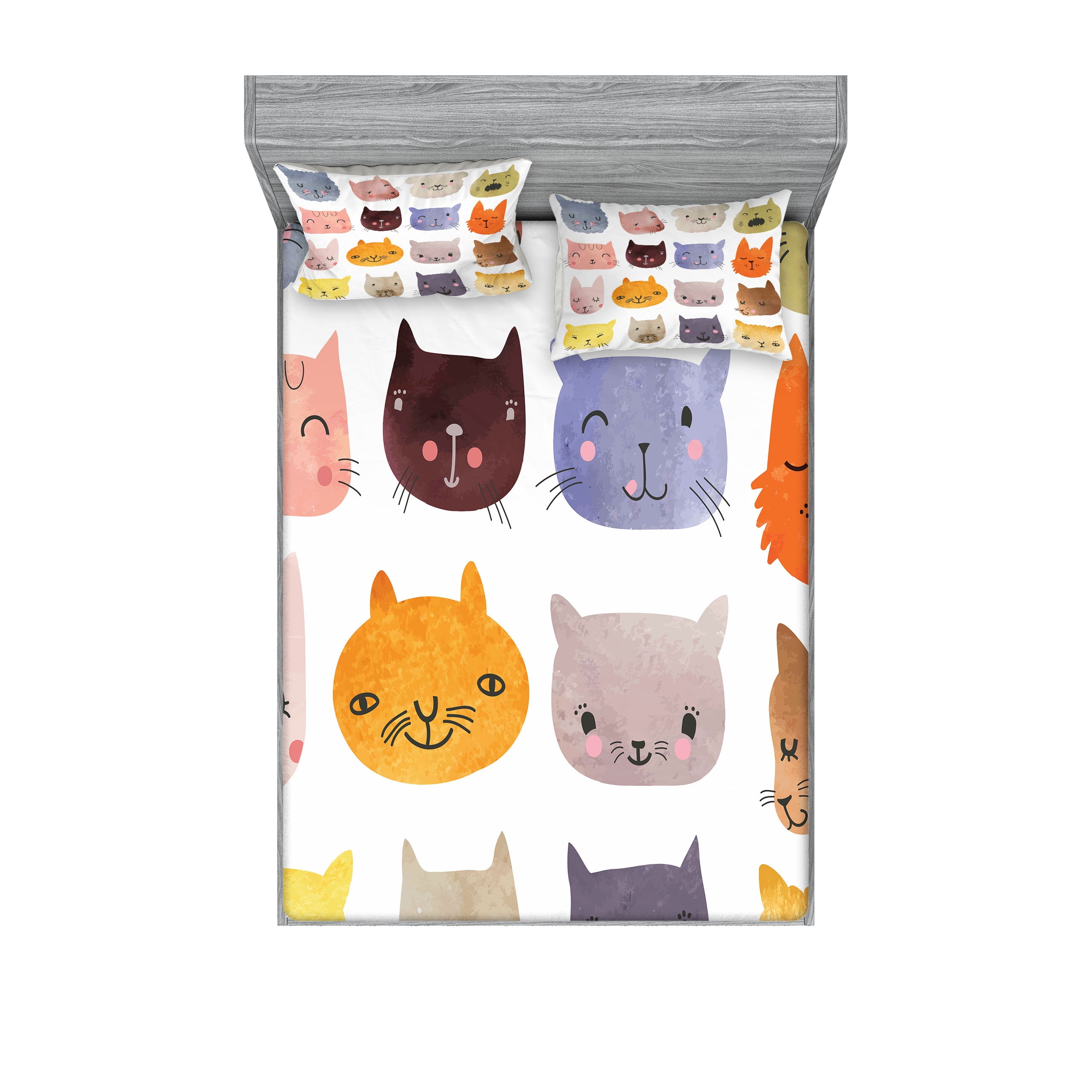 Ambesonne Animal Fitted Sheet & Pillow Sham Set, Colorful Humor Fun Cat ...