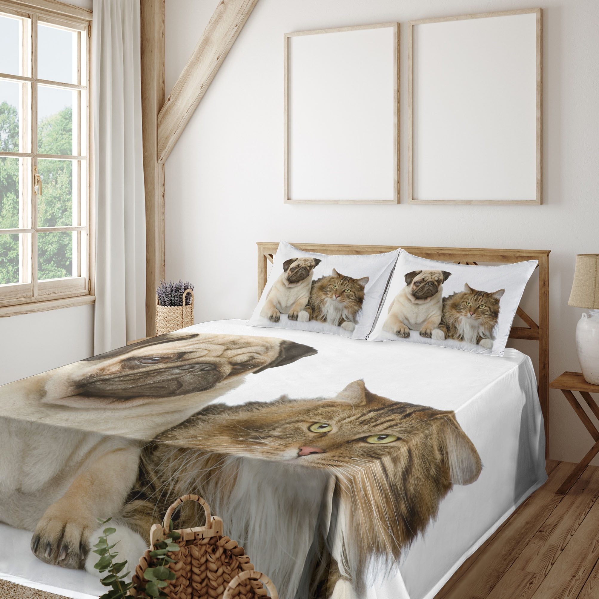 Ambesonne Animal Fitted & Top Sheet Set with Shams, Pets Sitting Studio ...