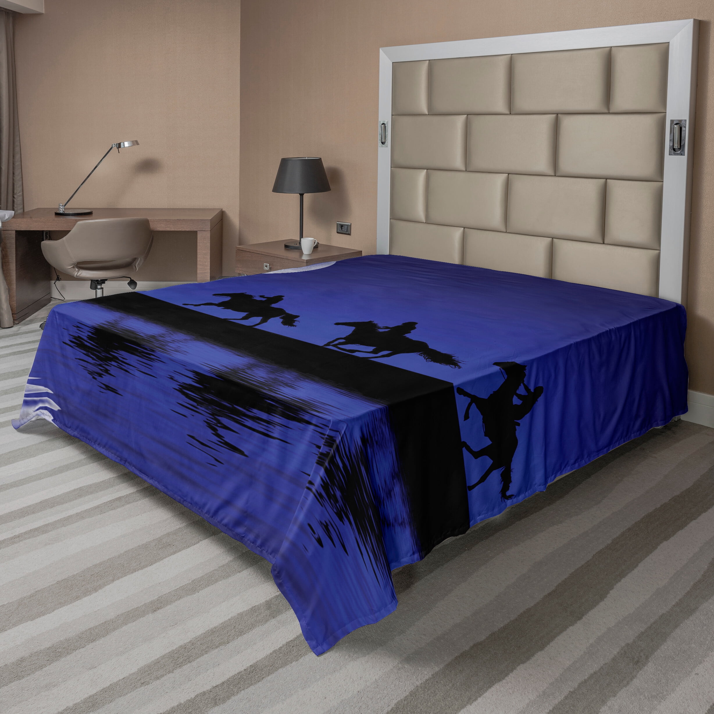 Ambesonne Animal Flat Sheet, Men on Horse Galloping, Queen Size, Indigo ...