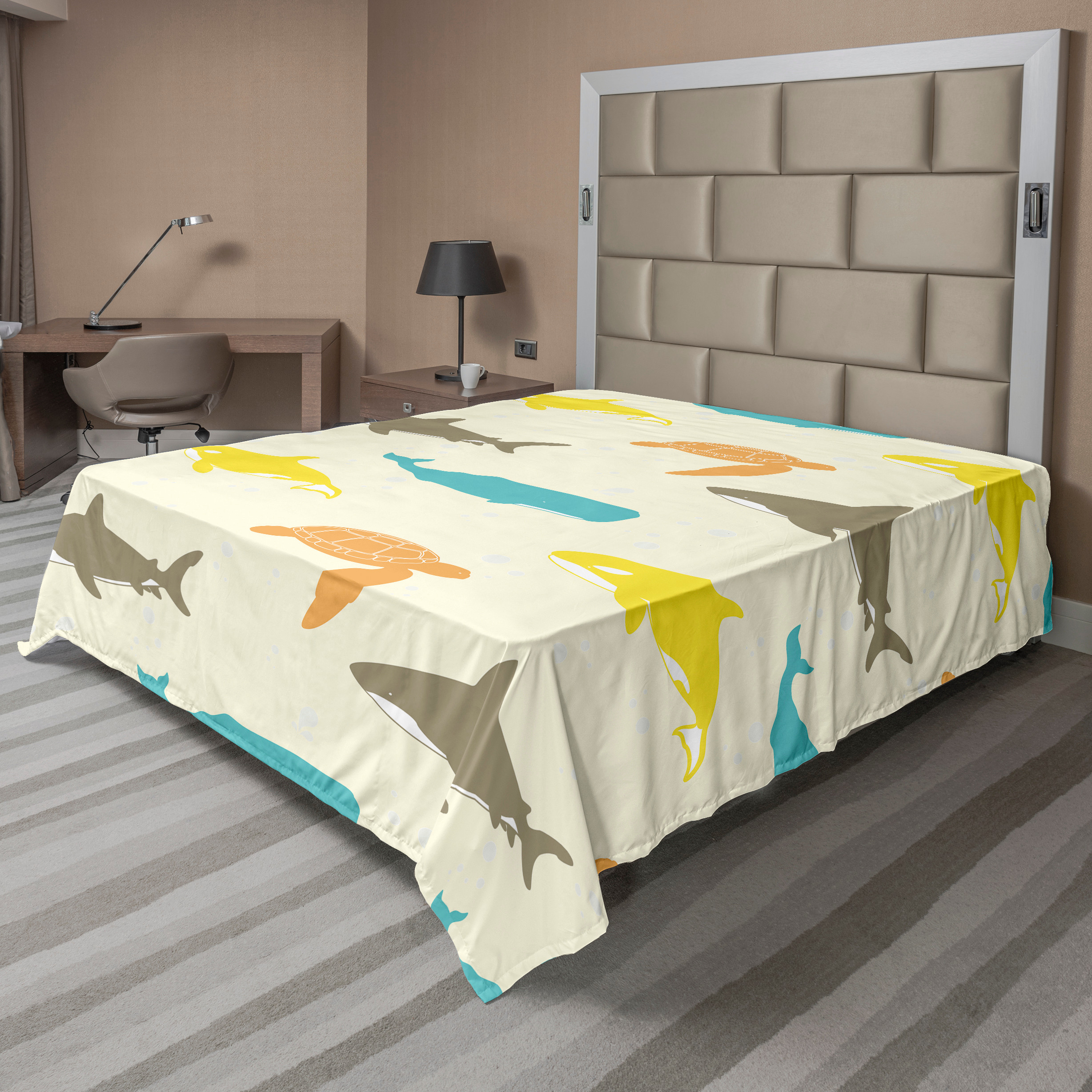 Ambesonne Animal Flat Sheet, Whale Shark and Turtle, King Size, Ivory ...