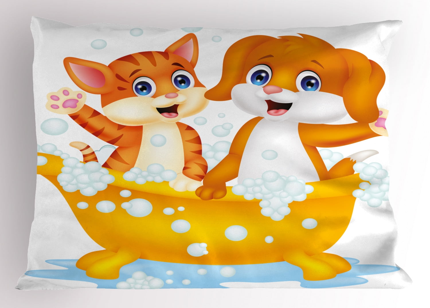 Ambesonne Animal Pillow Sham, Cartoon Cat and Dog Bath, 26" X 20 ...