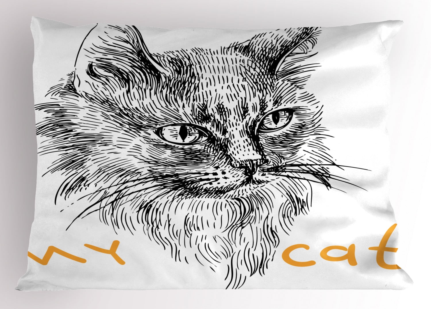 Ambesonne Animal Pillow Sham, Hand Drawn Cat, 26" X 20", Mustard Black ...