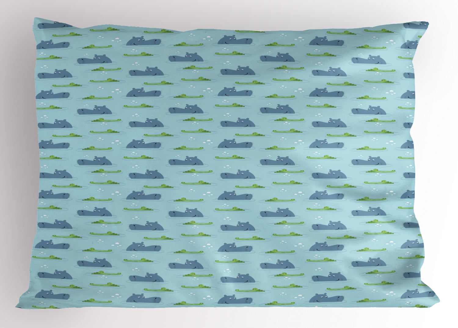 Ambesonne Animal Pillow Sham, Hippo Crocodile in Water, 26" X 20 ...