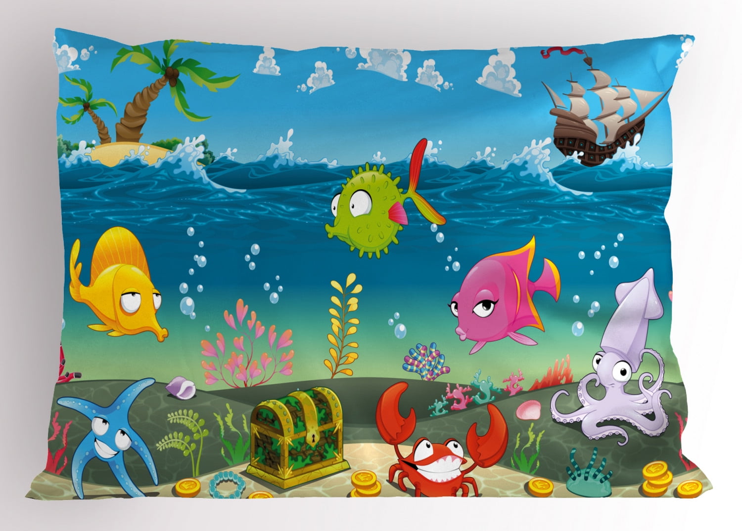 Ambesonne Animal Pillow Sham, Sea Animals Underwater, 36" X 20 ...
