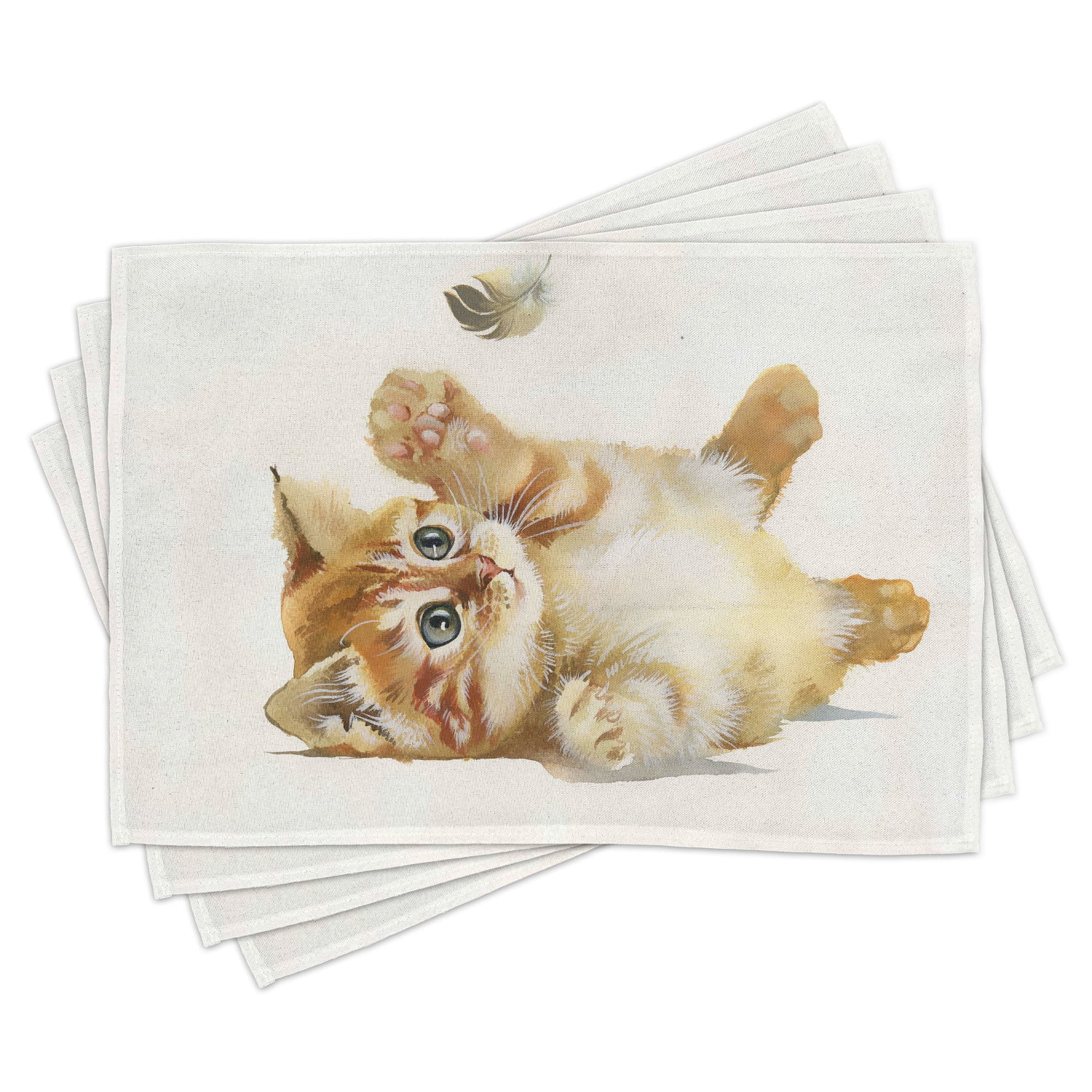 Ambesonne Animal Place Mats Set of 4, Cat Playing with Feather ...