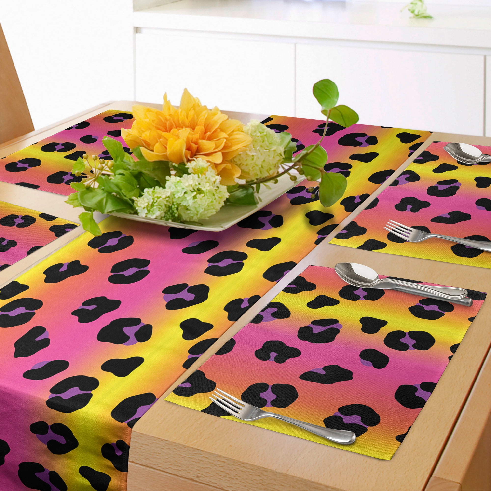 Ambesonne Animal Print Table Runner & Placemats, Colorful Leopard Spots ...