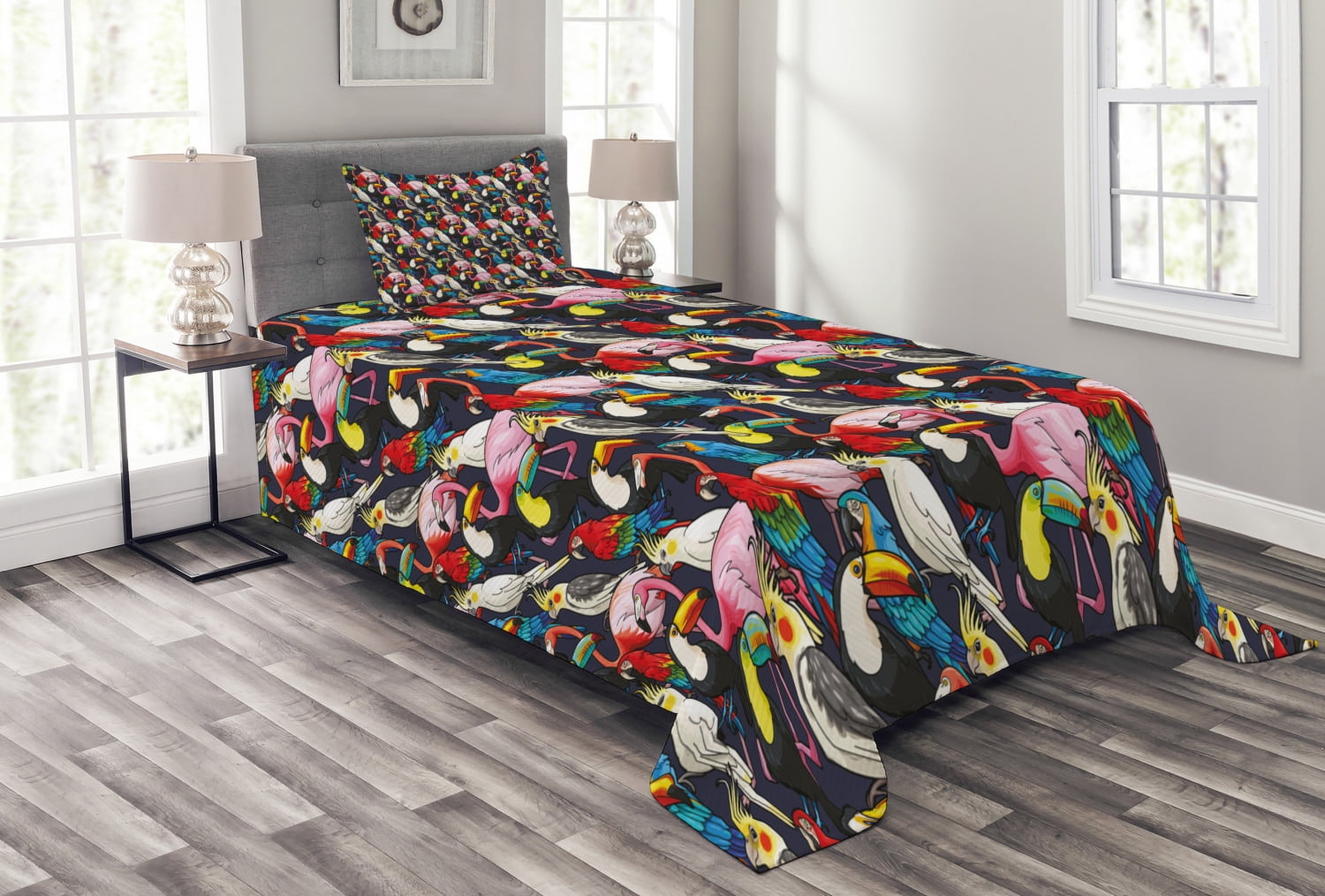 Ambesonne Animal Quilted Bedspread Set 2 Pcs, Colorful Exotic Birds ...