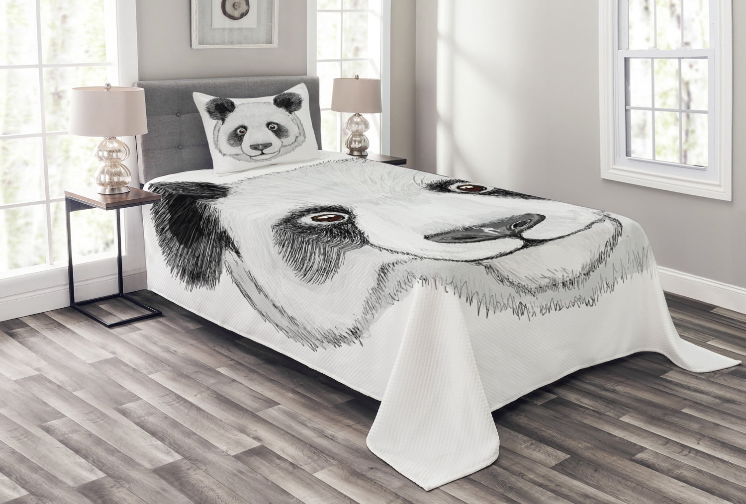 Ambesonne Animal Quilted Bedspread Set 2 Pcs, Hand Drawn Panda, Twin ...