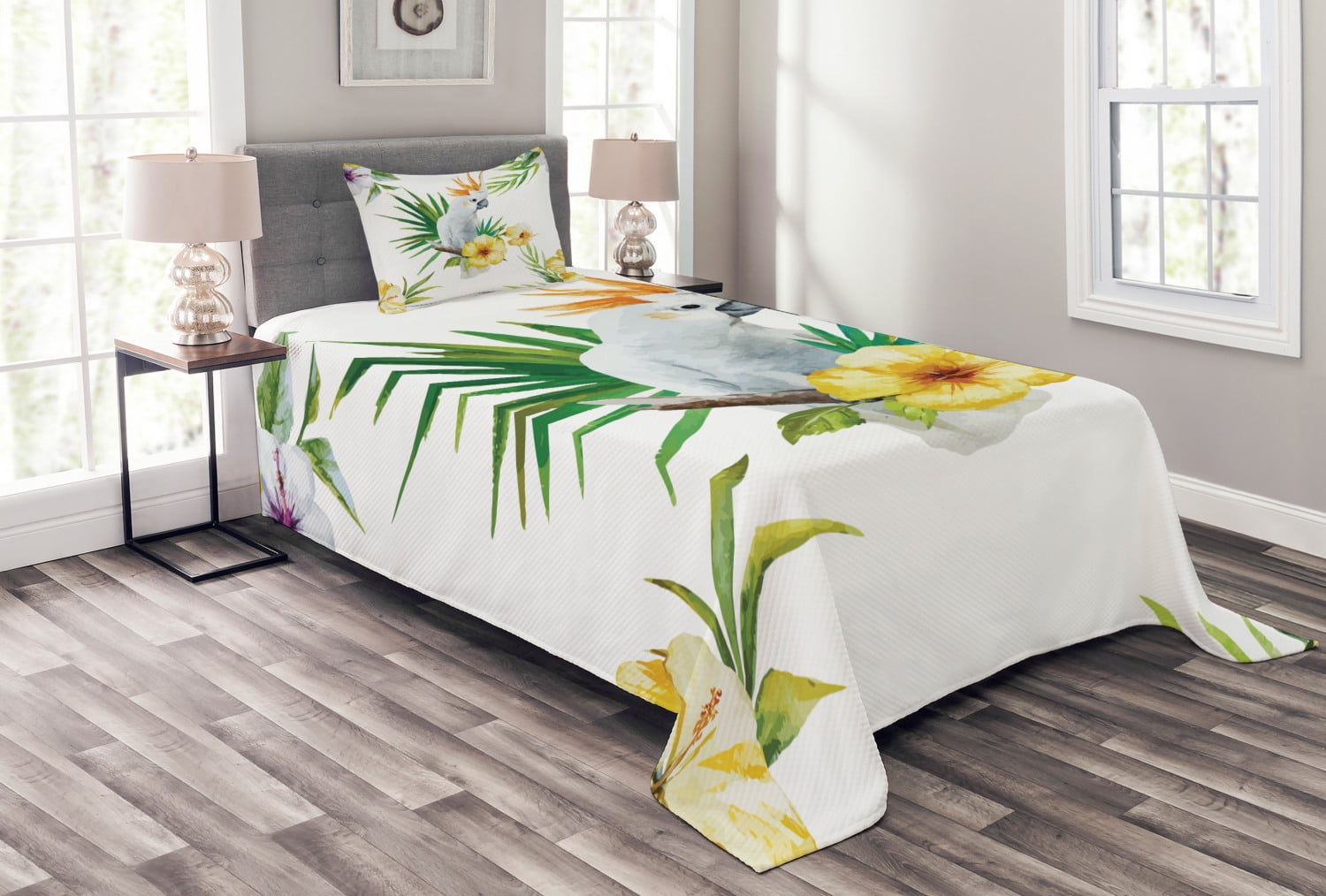 Ambesonne Animal Quilted Bedspread Set 2 Pcs, Hibiscus with Wild Birds ...