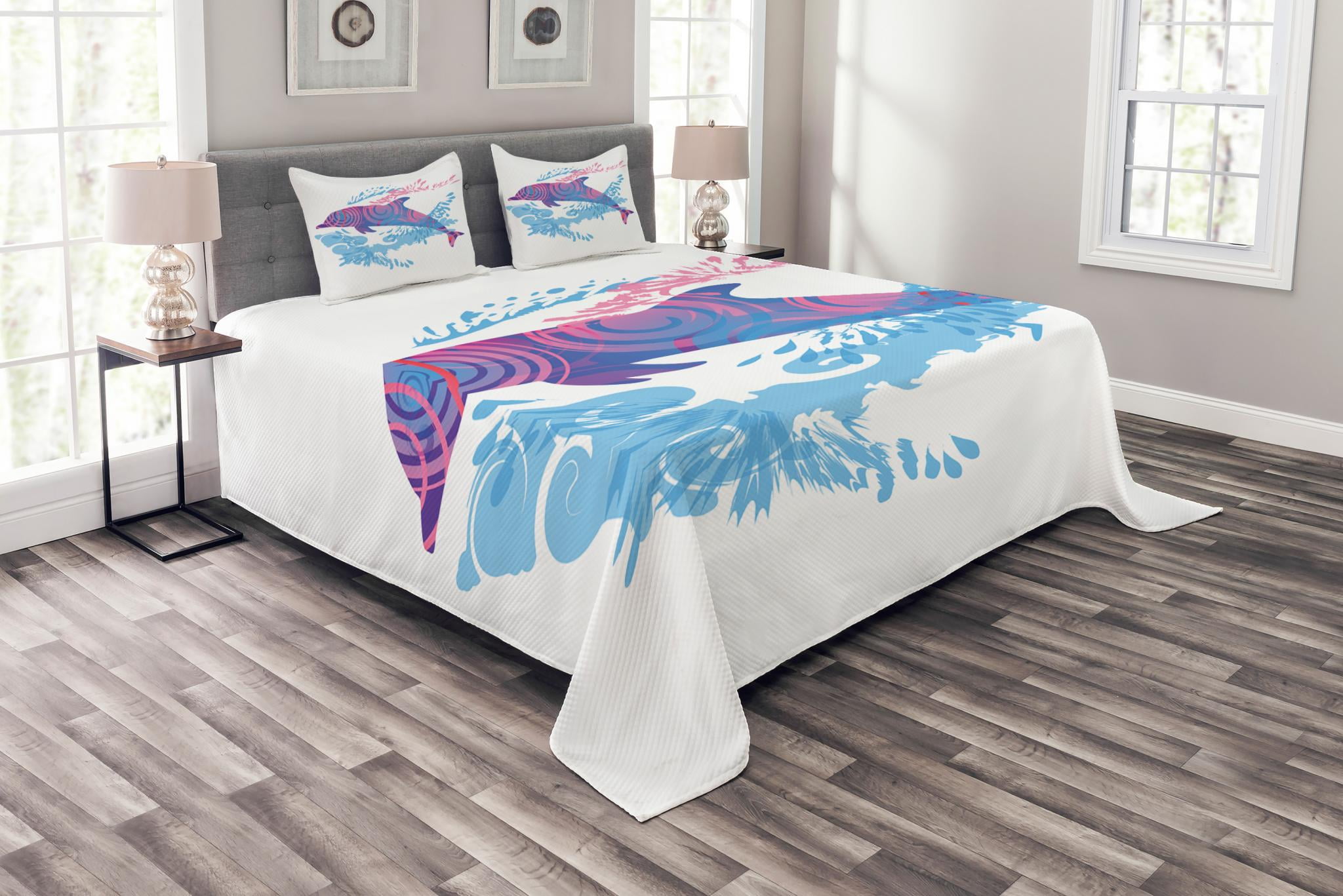 Ambesonne Animal Quilted Bedspread Set 3 Pcs, Cartoon Jumping Dolphin ...