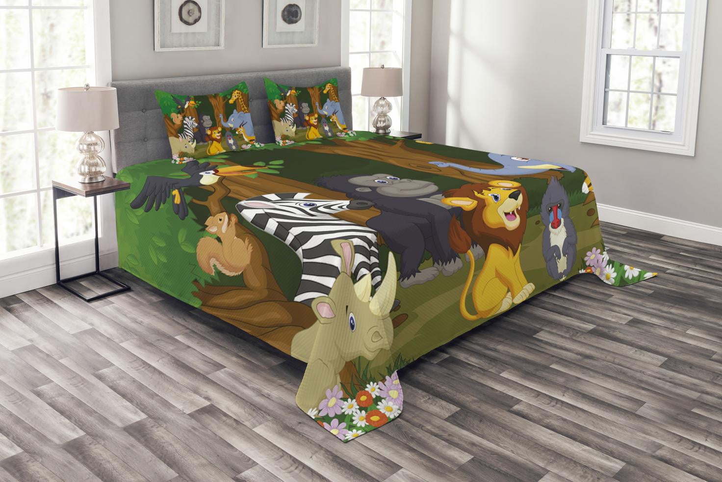 Ambesonne Animal Quilted Bedspread Set 3 Pcs, Cartoon Lion, King Size ...